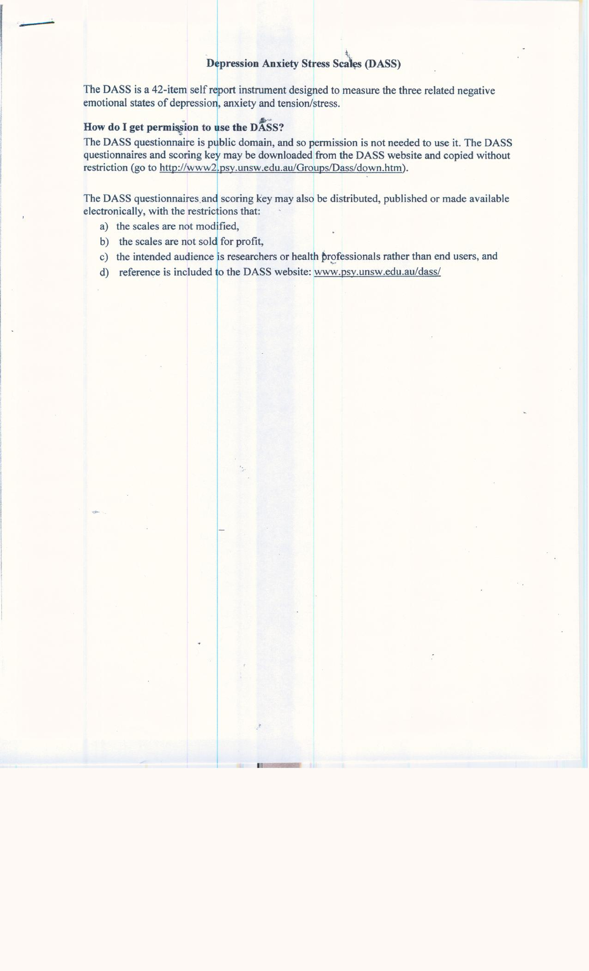 Depression anxiety stress scales dass - Clinical Psychology - Studocu