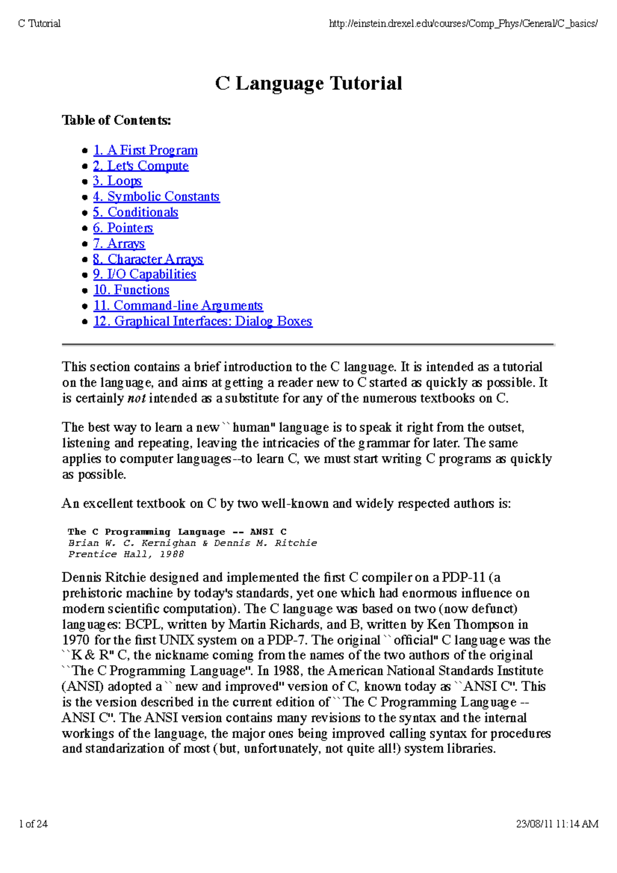 Tutorial work - C Language Tutorial - C Language Tutorial Table of ...