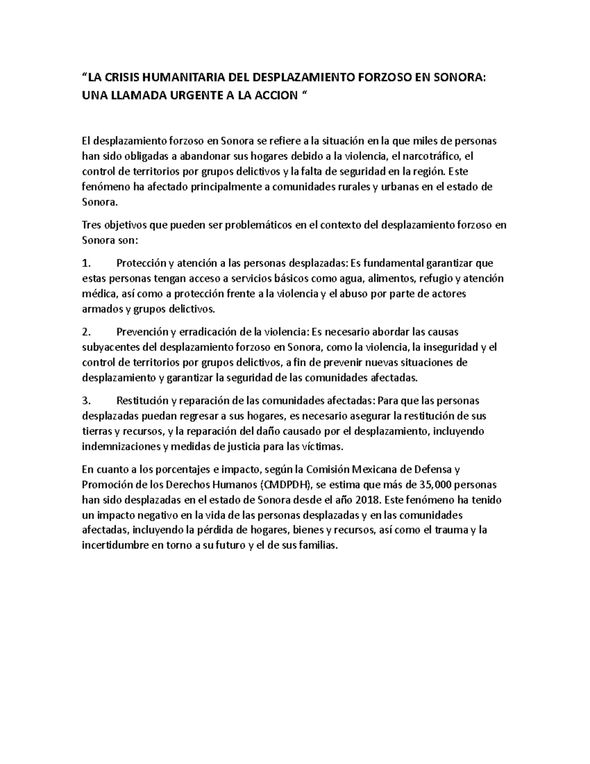 LA Crisis Humanitaria DEL Desplazamiento Forzoso EN Sonora - “LA CRISIS ...