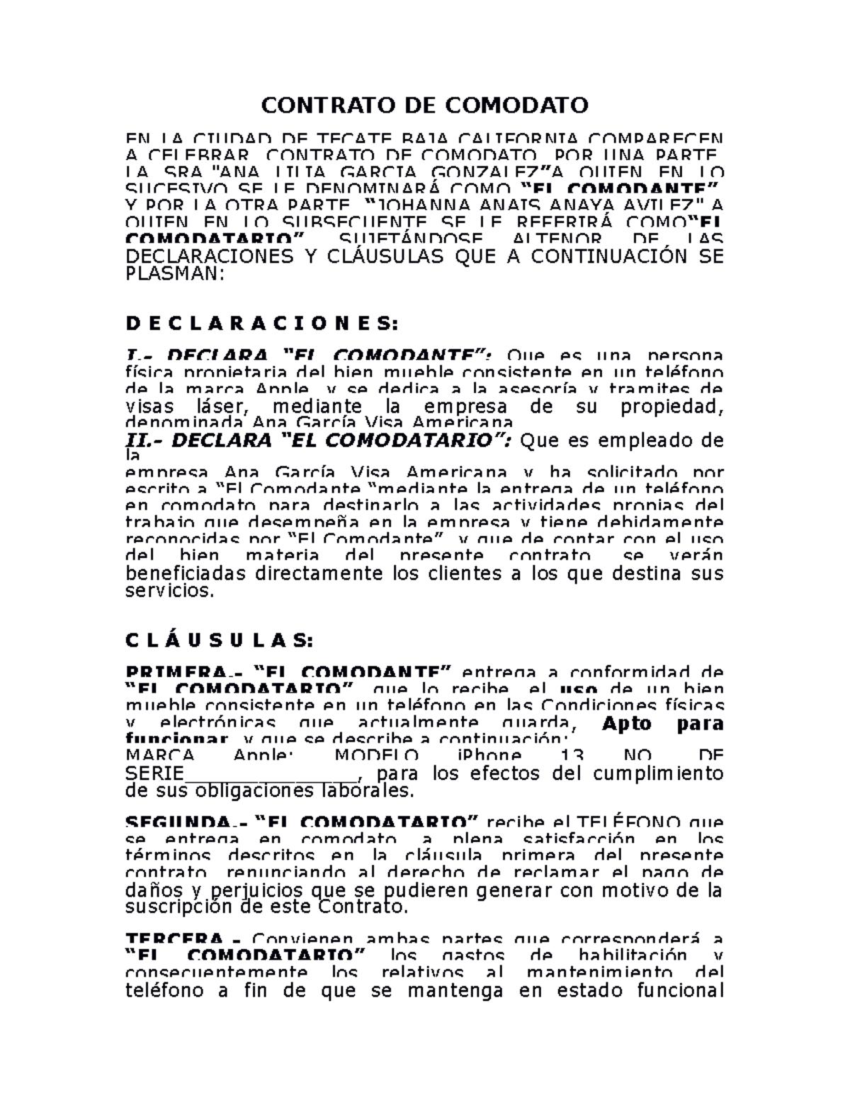 Contrato DE Comodato Jhoanna - CONTRATO DE COMODATO EN LA CIUDAD DE ...