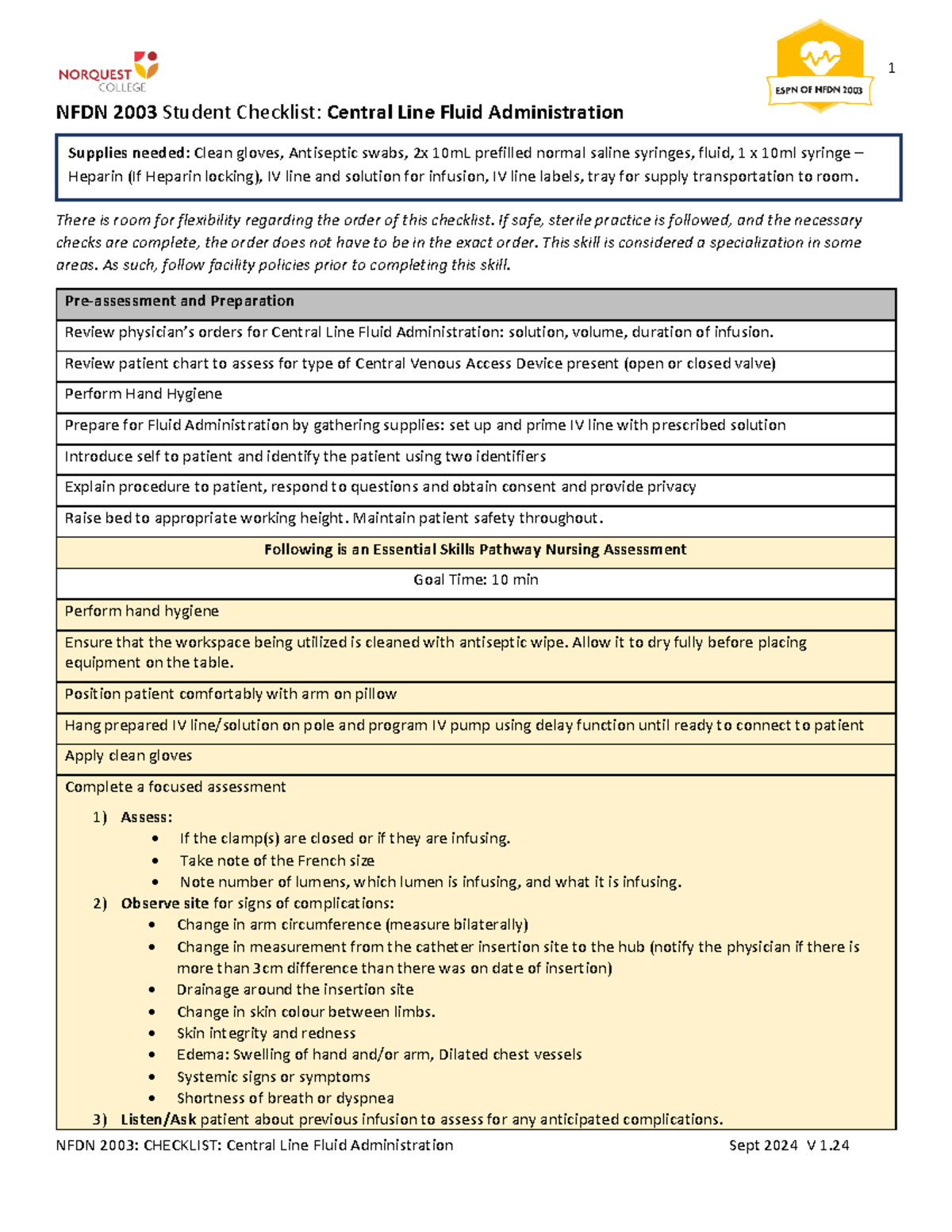 NFDN 2003 Student Checklist Central Line Fluid Admin V1.24 - NFDN 2003 ...