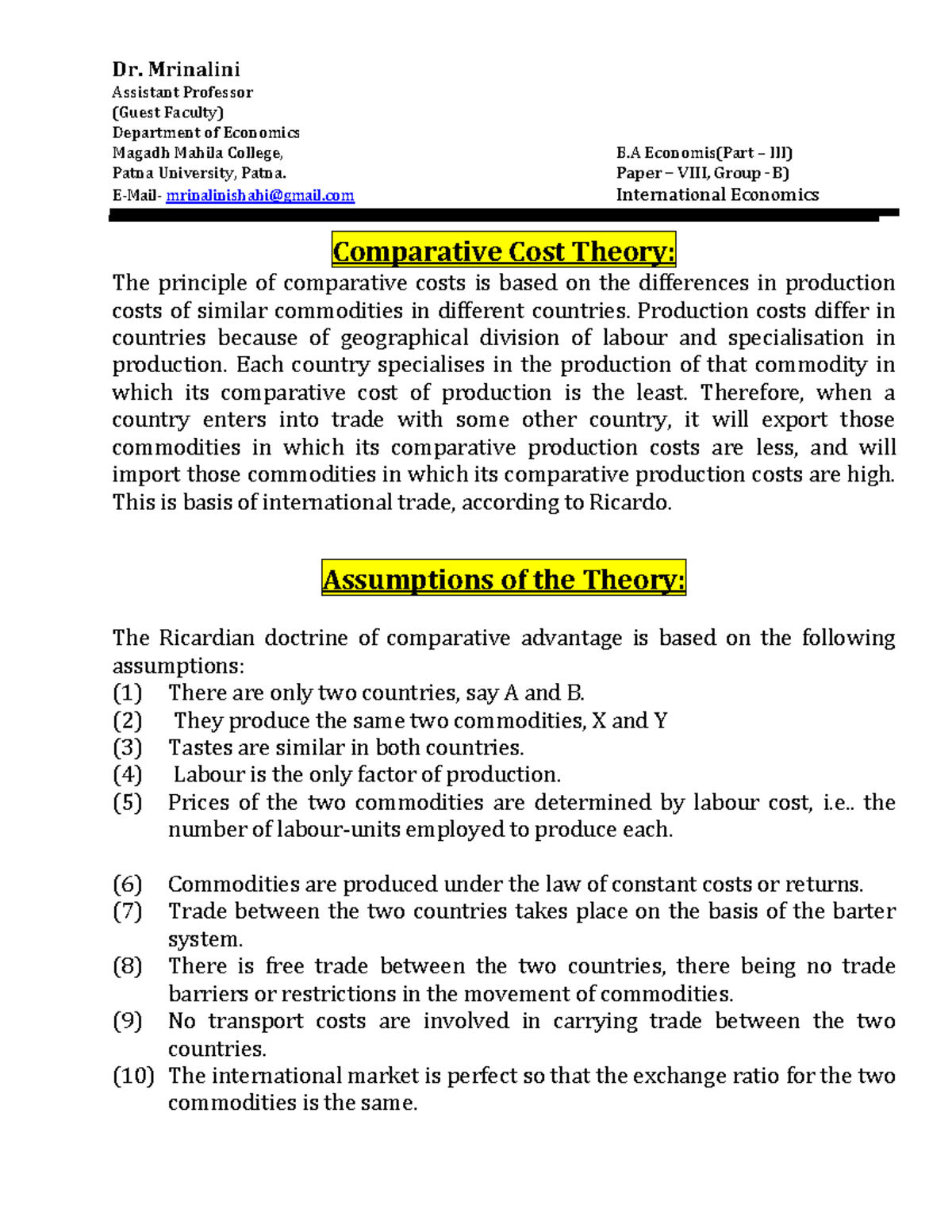 Comparative Costs Theory - International Trade Law - IPU - Studocu