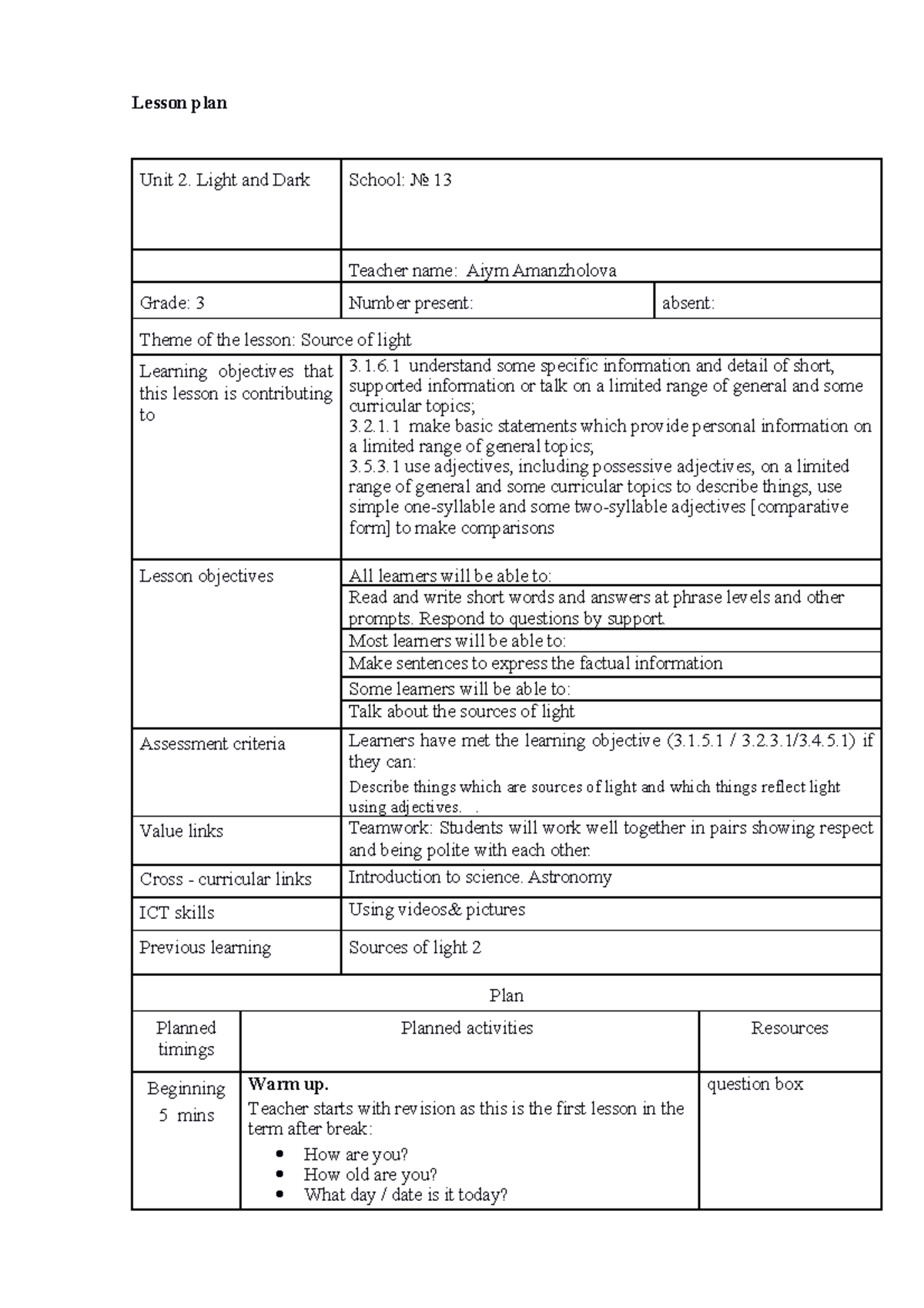 Lesson PLAN. grade 3 - Lesson plan Unit 2. Light and Dark School: No 13 ...