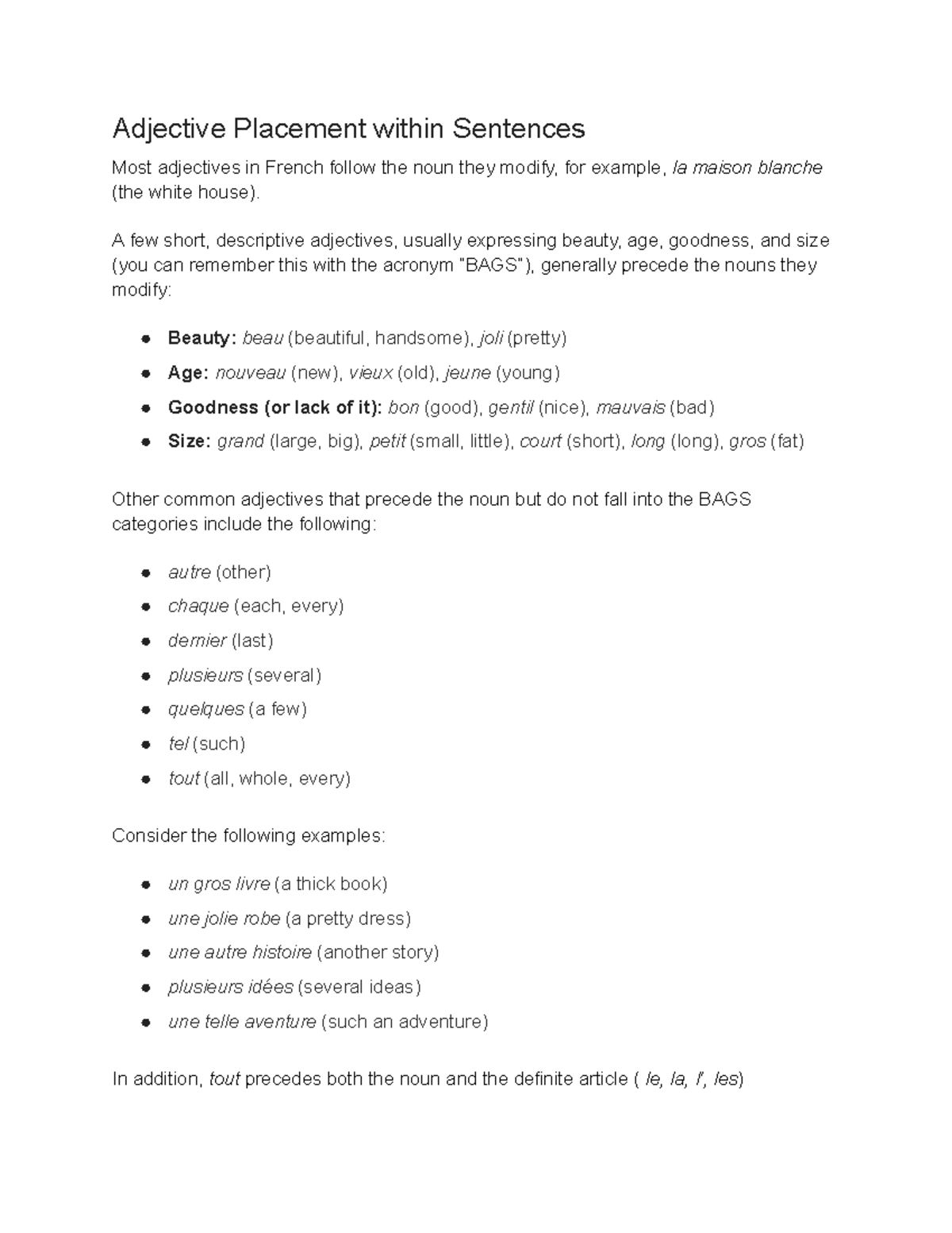 Adjective Placement within Sentences - A few short, descriptive ...
