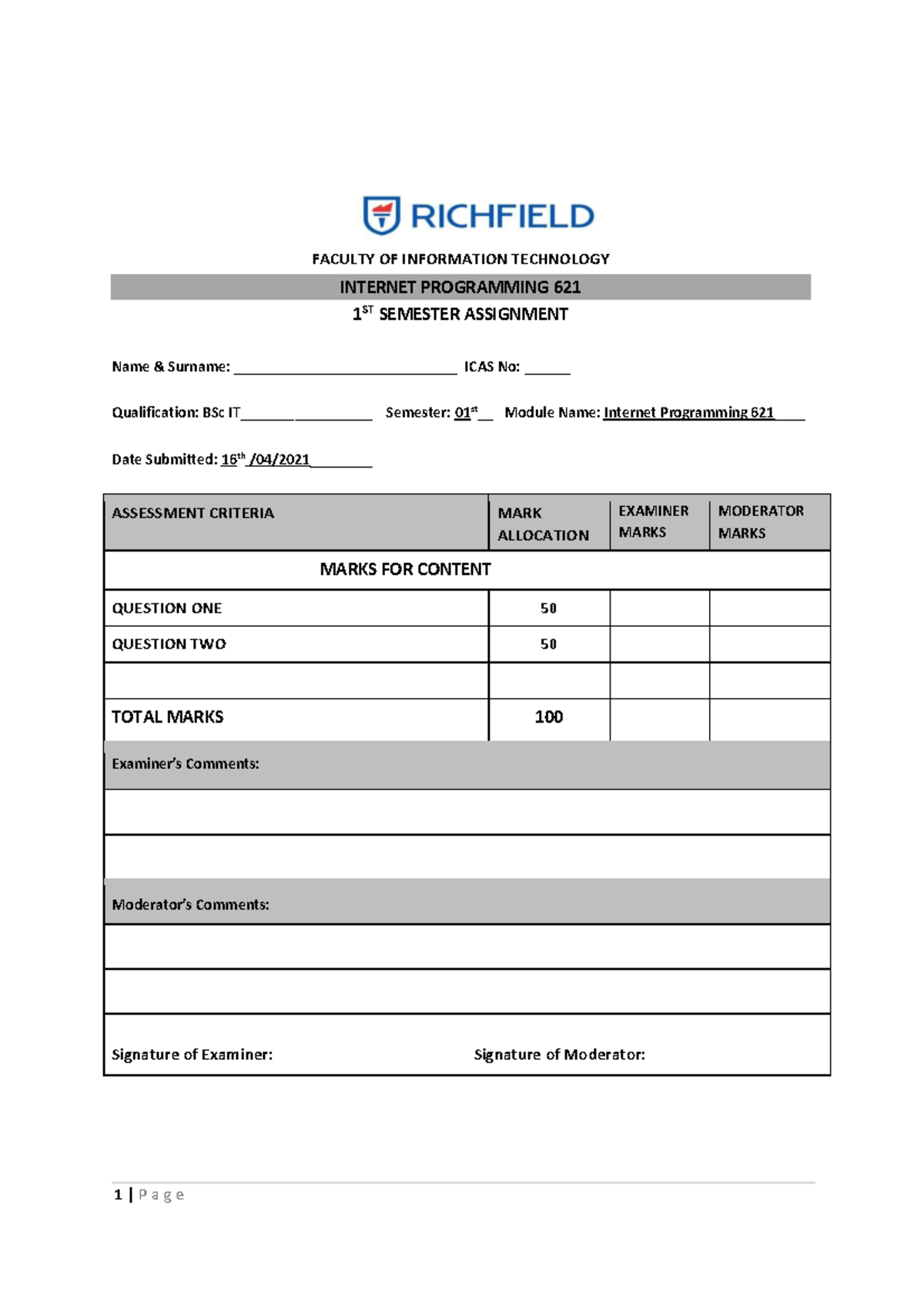 IP621 Assignment - FACULTY OF INFORMATION TECHNOLOGY INTERNET PROGRAMMING 621 1 ST SEMESTER ...