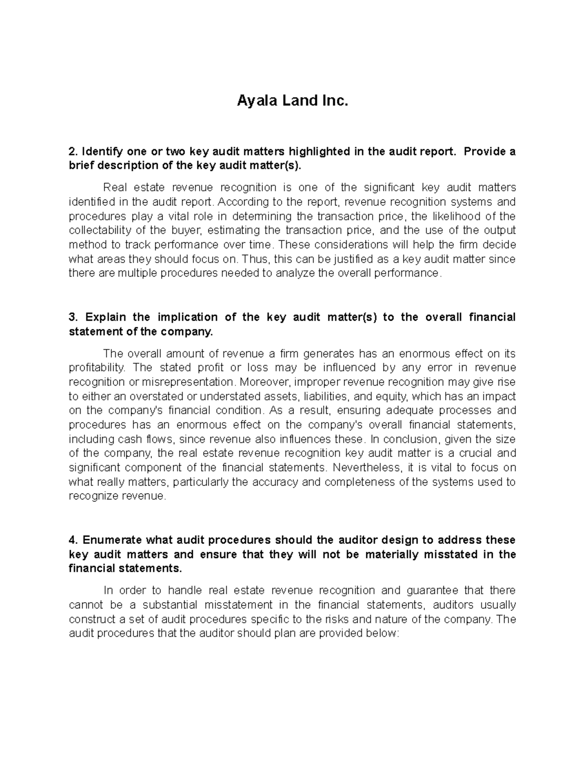 Auditing Assignment - Ayala Land Inc. Identify one or two key audit ...
