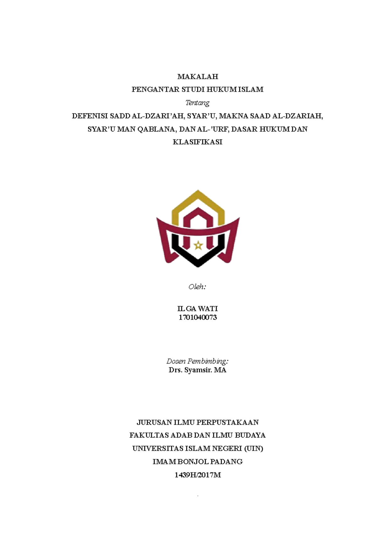Makalah pshi zaza - Dosen: Dr. Abrar, M.Ag - MAKALAH PENGANTAR STUDI ...