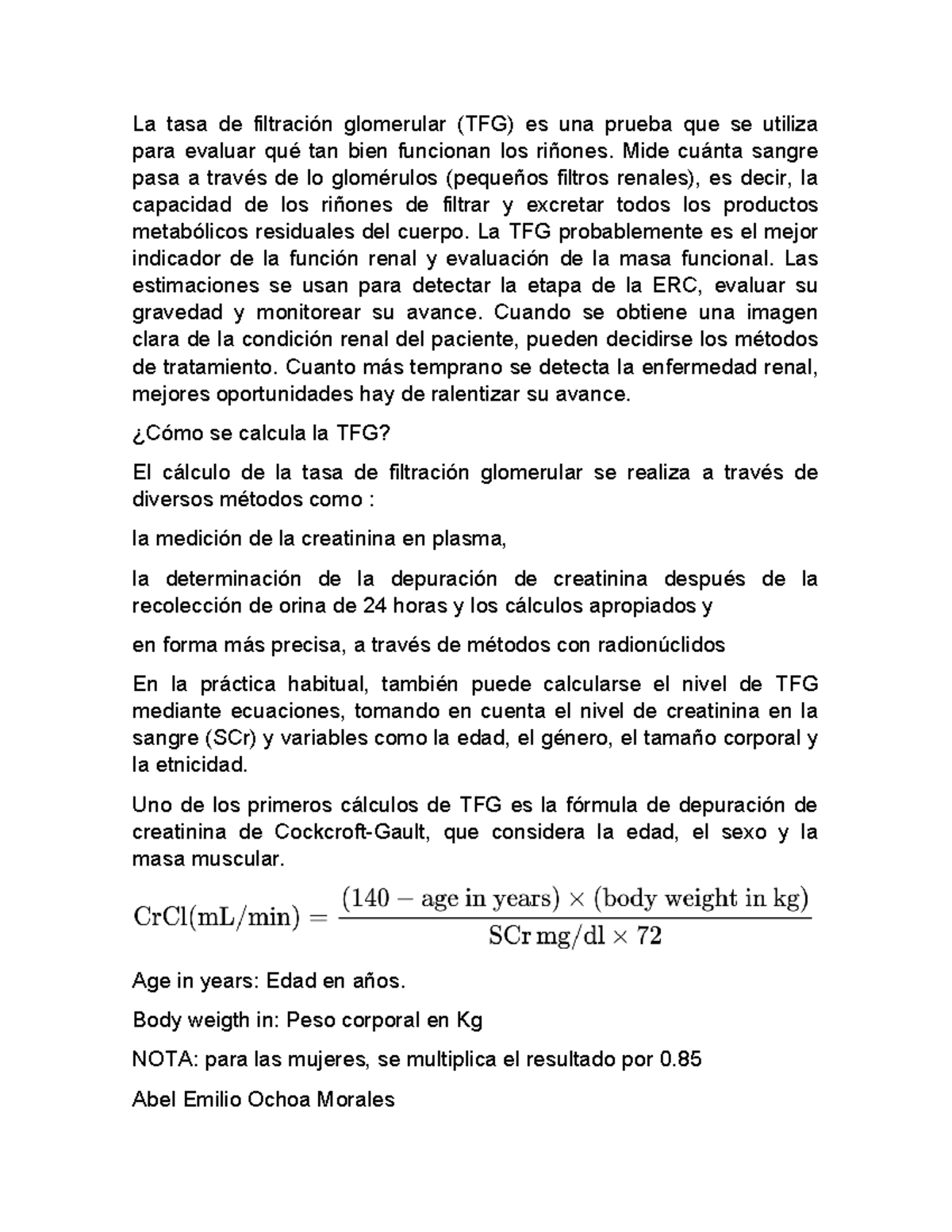 Calculo de filtración glomerular - La tasa de filtración glomerular (TFG) es una prueba que se ...