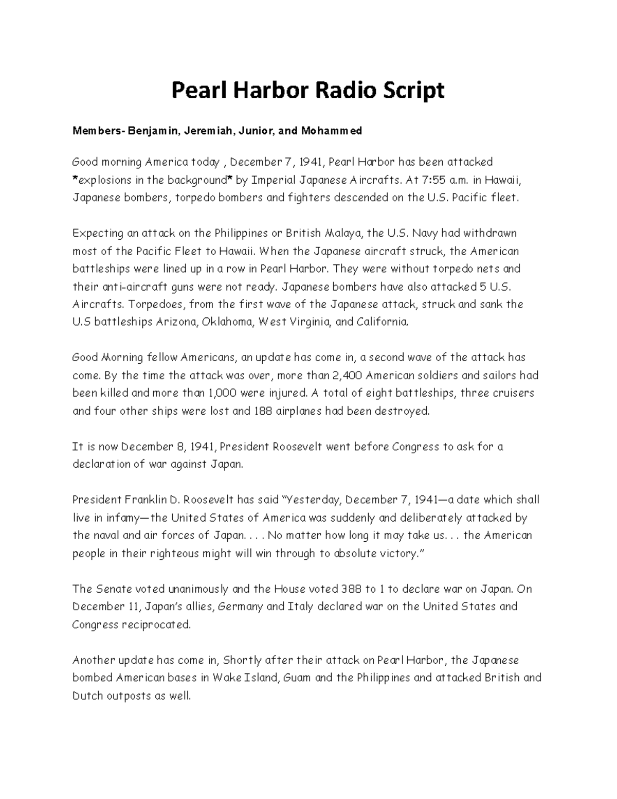 Pearl Harbor Radio Script - Pearl Harbor Radio Script Members- Benjamin ...