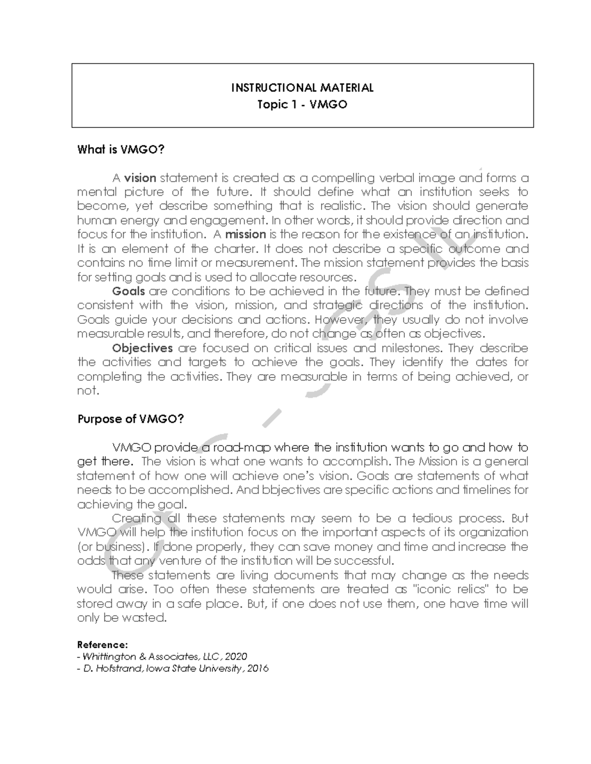 Instruction 1 - sfs - INSTRUCTIONAL MATERIAL Topic 1 - VMGO What is ...