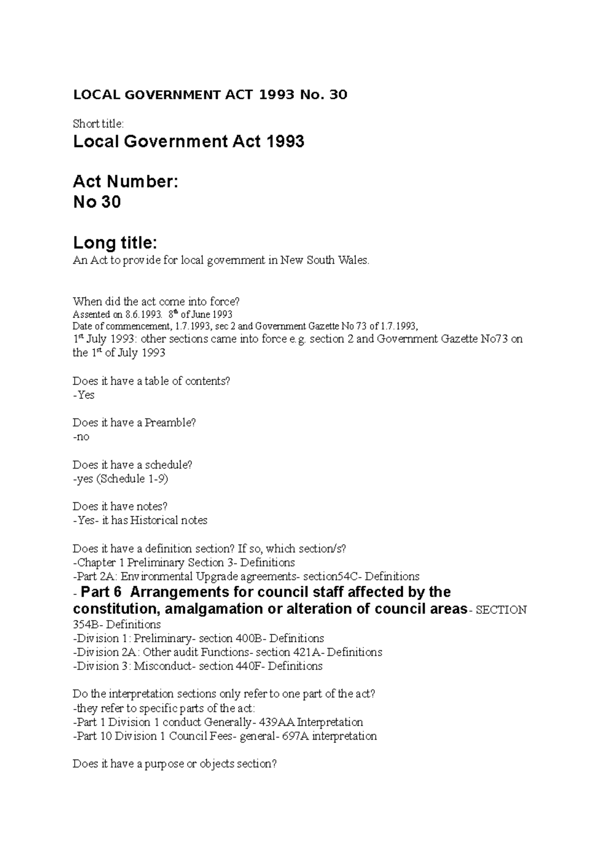 Statutory Interpretation for exam - LOCAL GOVERNMENT ACT 1993 No. 30 ...