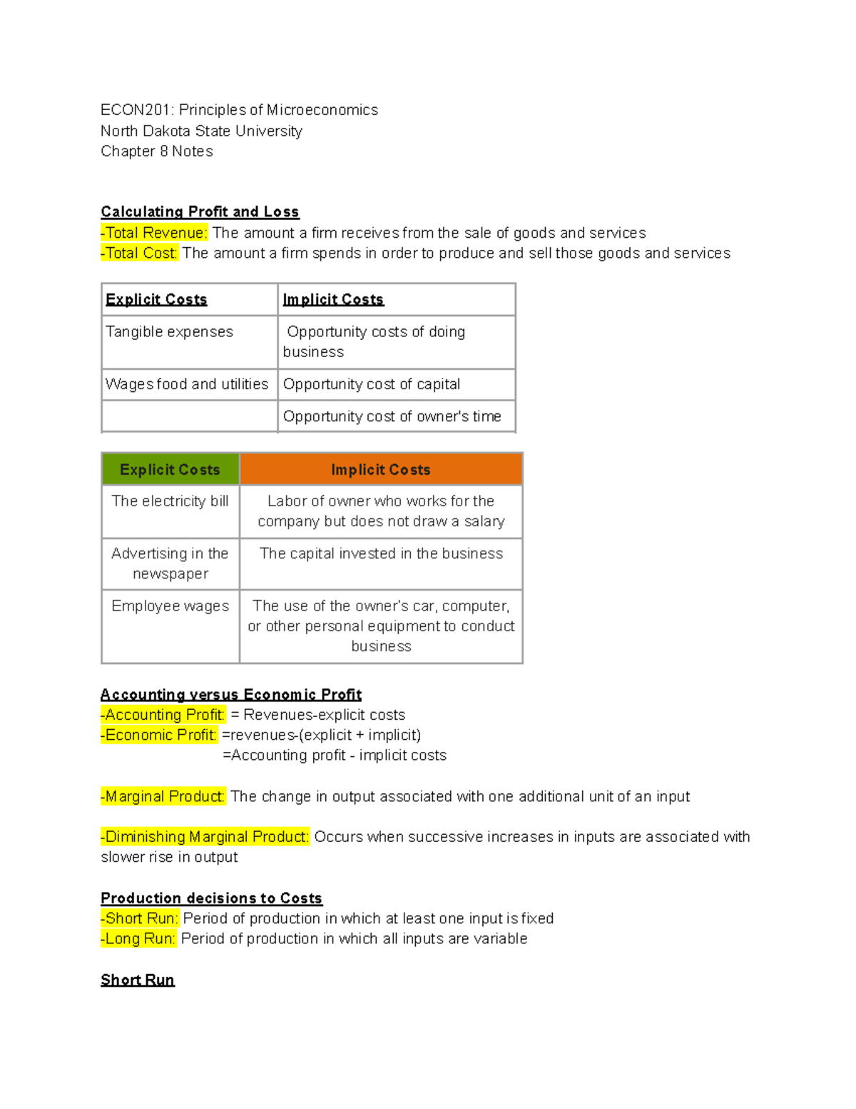 ECON Chapter 8 - Calculating profits and losses, short run vs long run ...