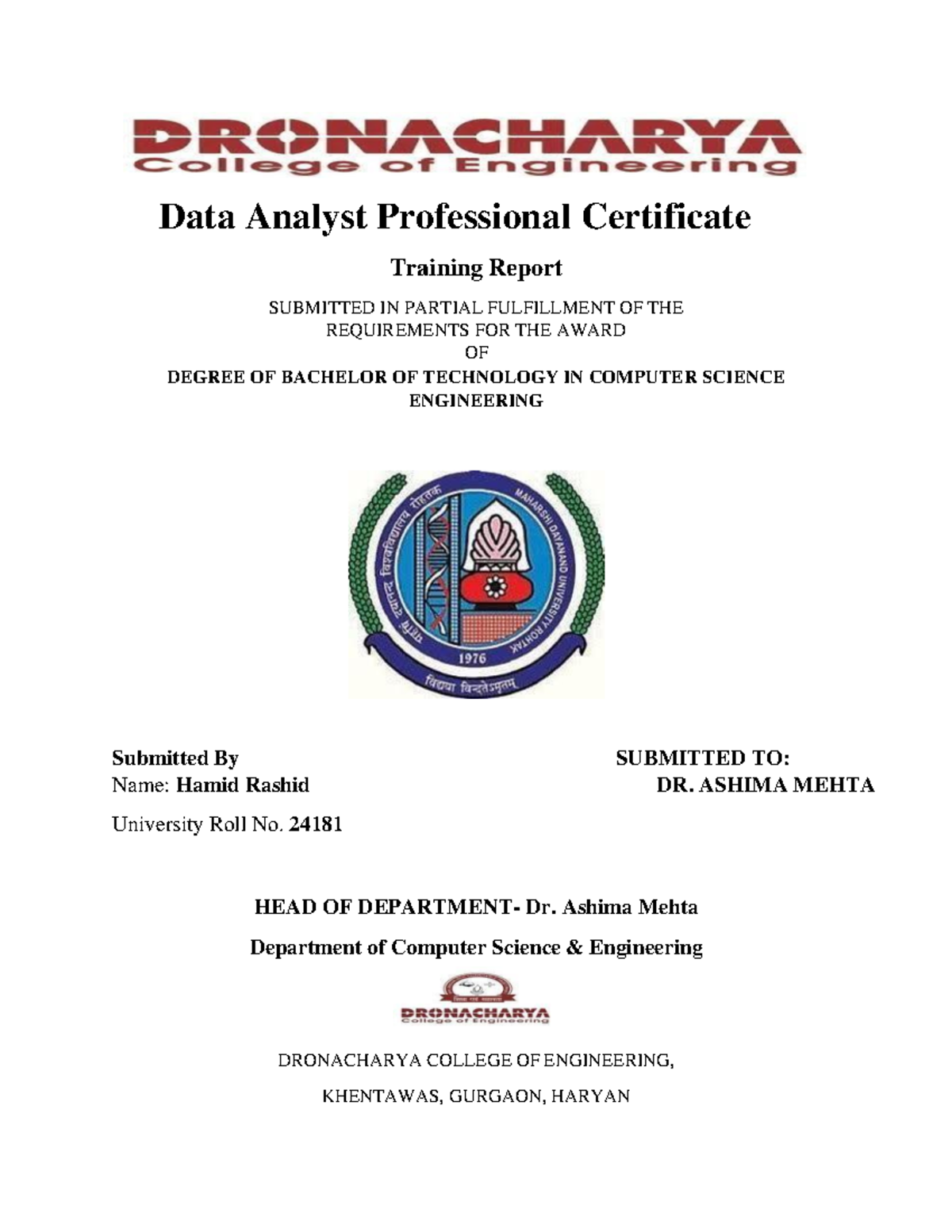 Hamid Training Report - Data Analyst Professional Certificate Training Report SUBMITTED IN ...
