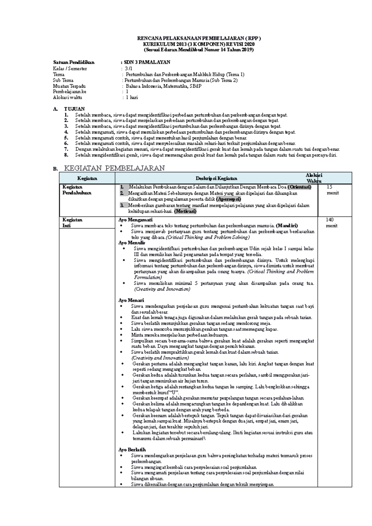 RPP Gabungan kelas 3 SD - RENCANA PELAKSANAAN PEMBELAJARAN ( RPP ...