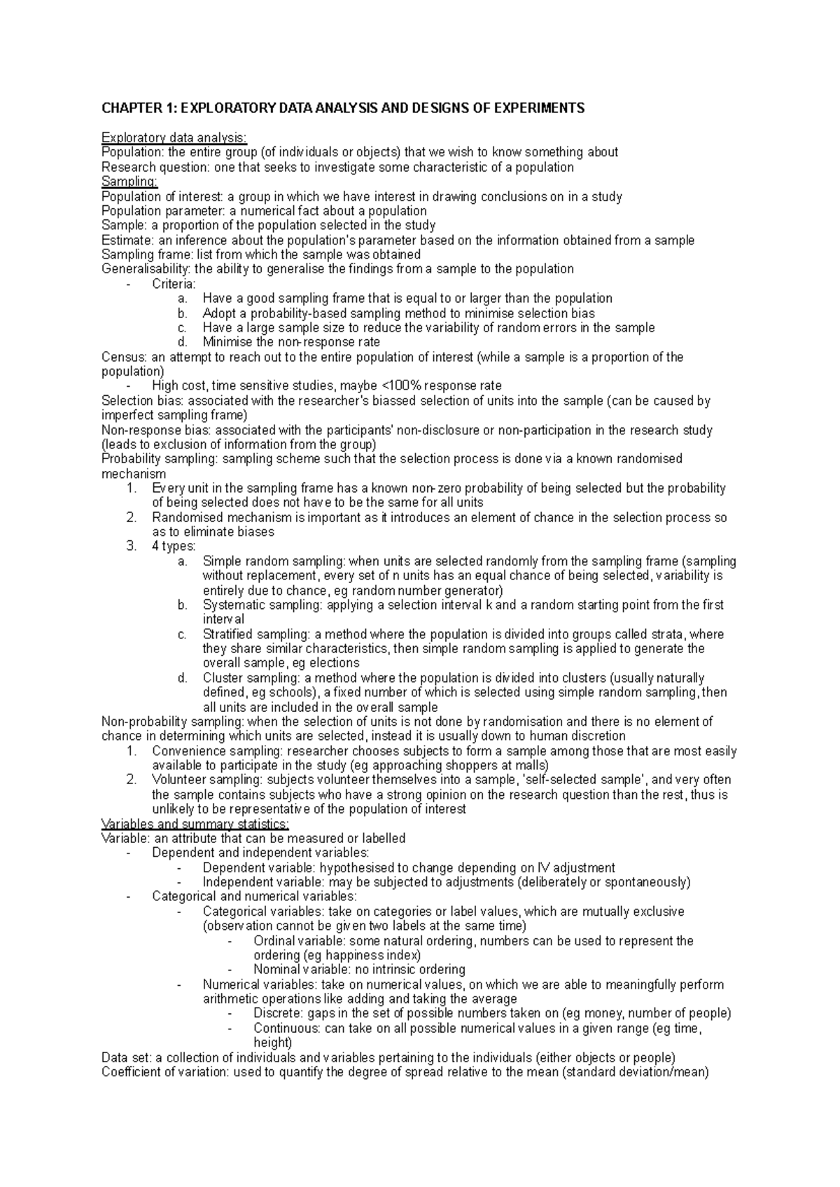 GEA cheatsheet (finals) - CHAPTER 1: EXPLORATORY DATA ANALYSIS AND DESIGNS OF EXPERIMENTS - Studocu