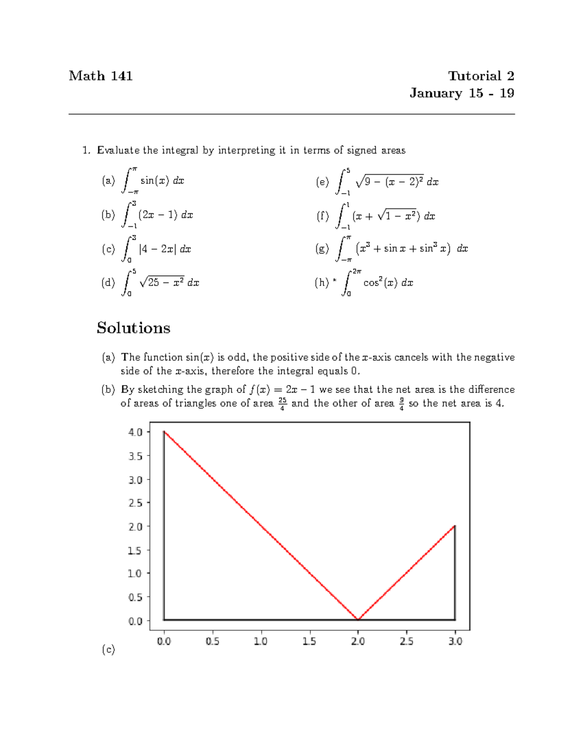 Math 141 Tutorial 2 Solutions - Math 141 Tutorial 2 January 15 - 19 Evaluate the integral by ...