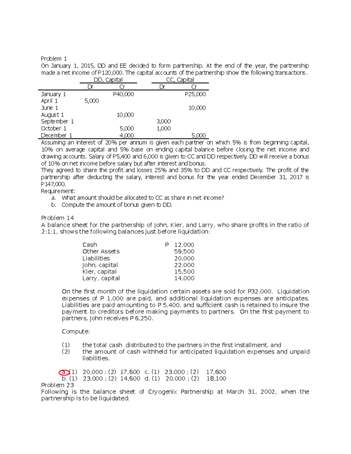 Par Cor - 889 - Problem 1 On January 1, 2015, DD and EE decided to form ...