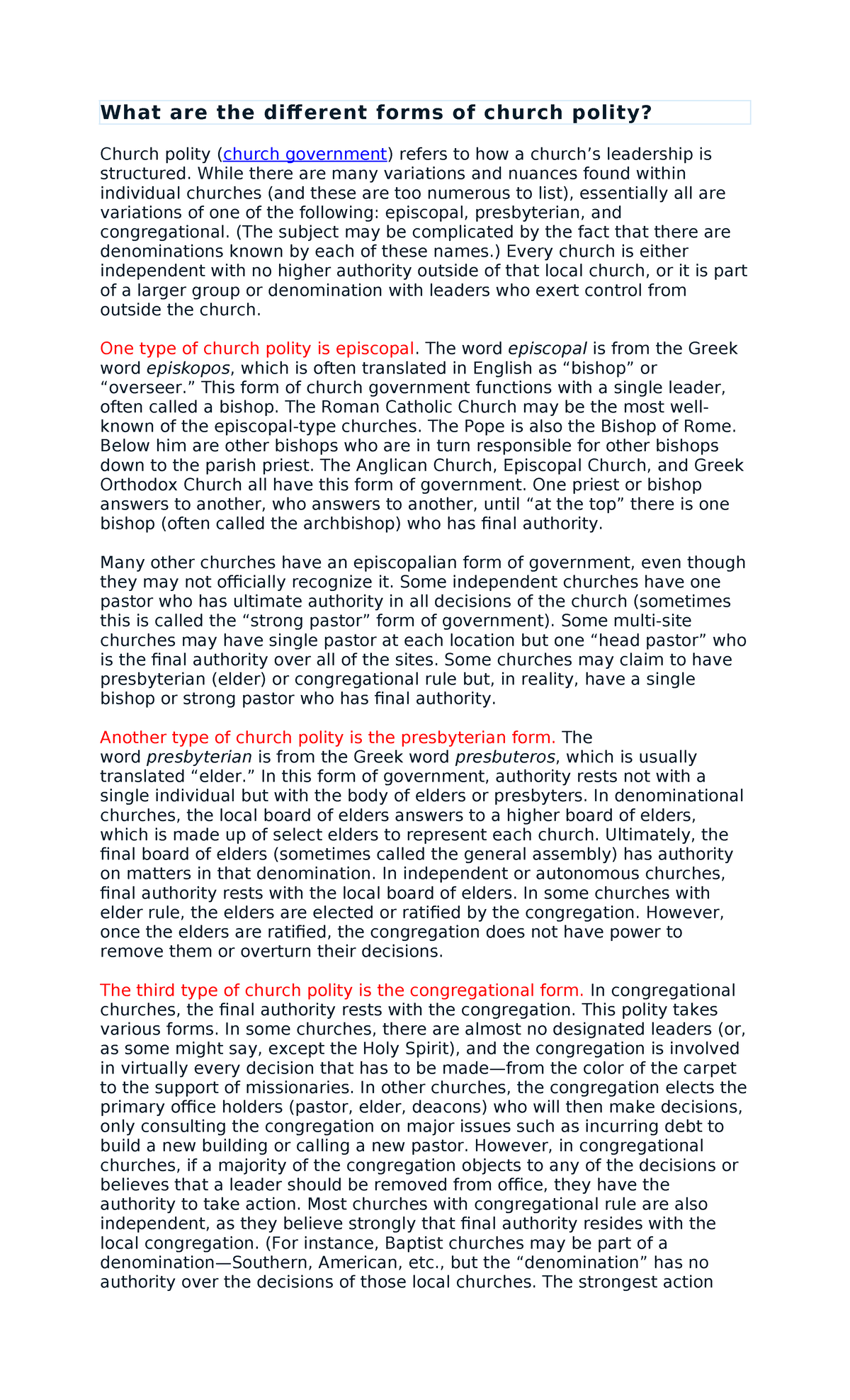 What are the different forms of church polity - While there are many ...