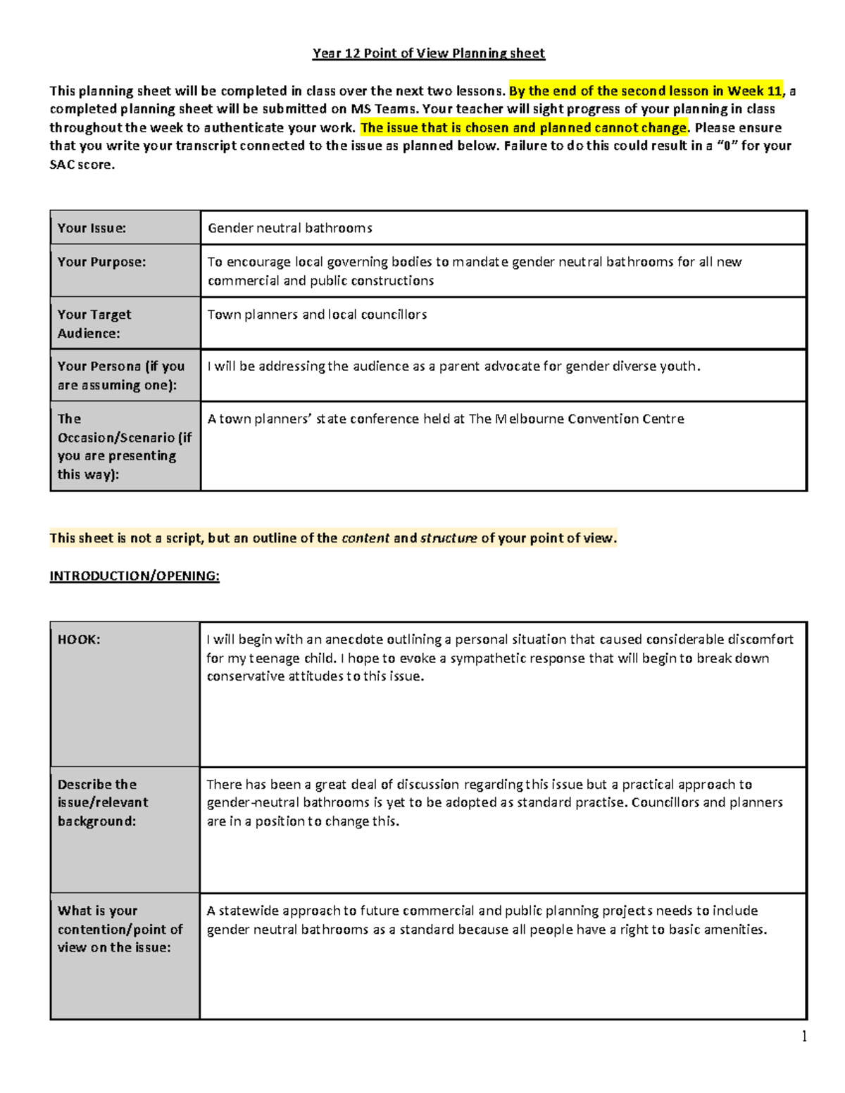 Year 12 PA planning sheet - Example - Year 12 Point of View Planning ...