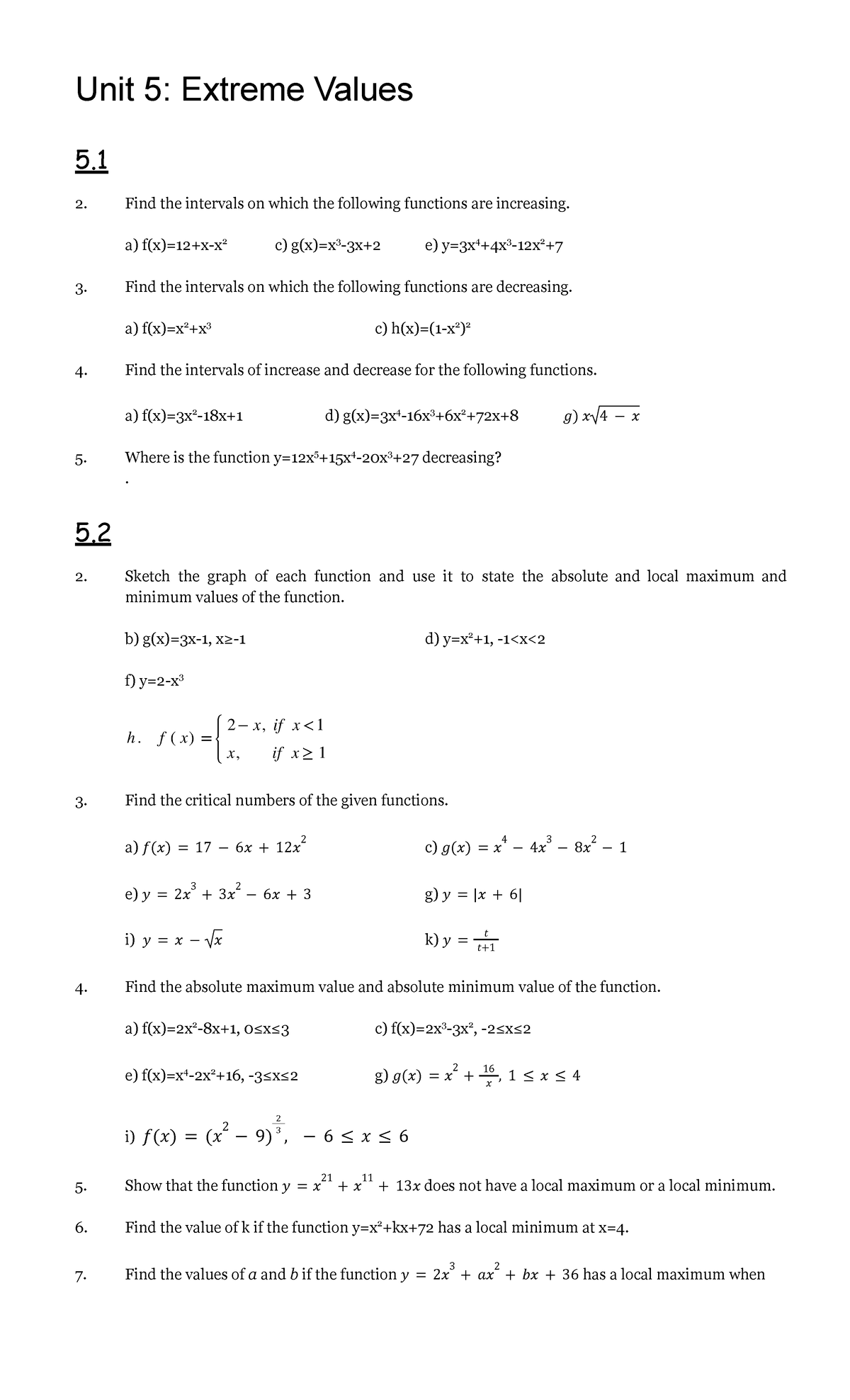 Copy of MHR HW Unit 5 - ib calc - Unit 5: Extreme Values 5. Find the ...