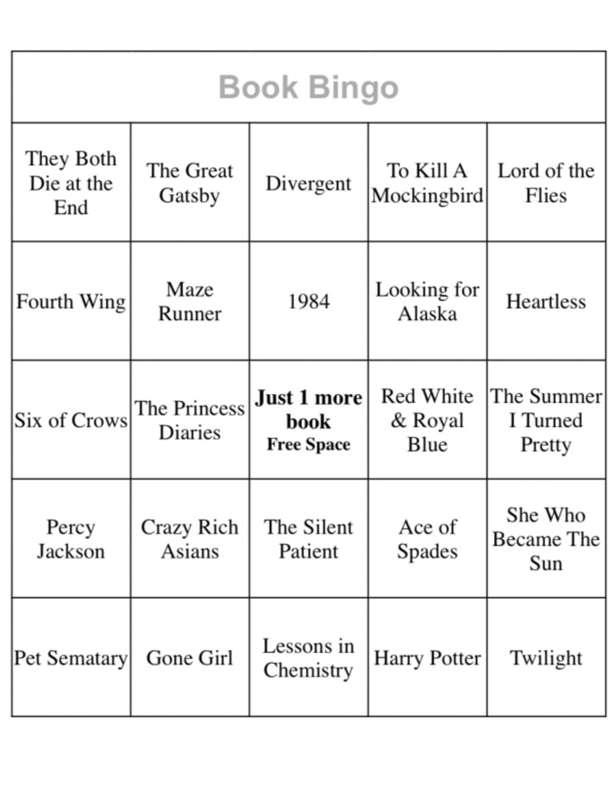Bingo Cards - Book Bingo They Both The Great To Kill A Lord of the Die ...