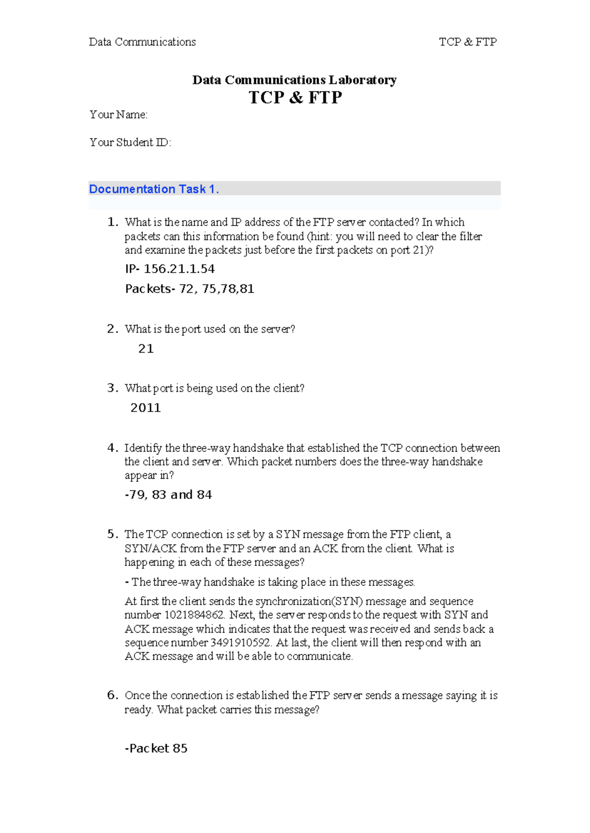 Practical Transport Layer Documentation Template Data Communications Laboratory Tcp And Ftp