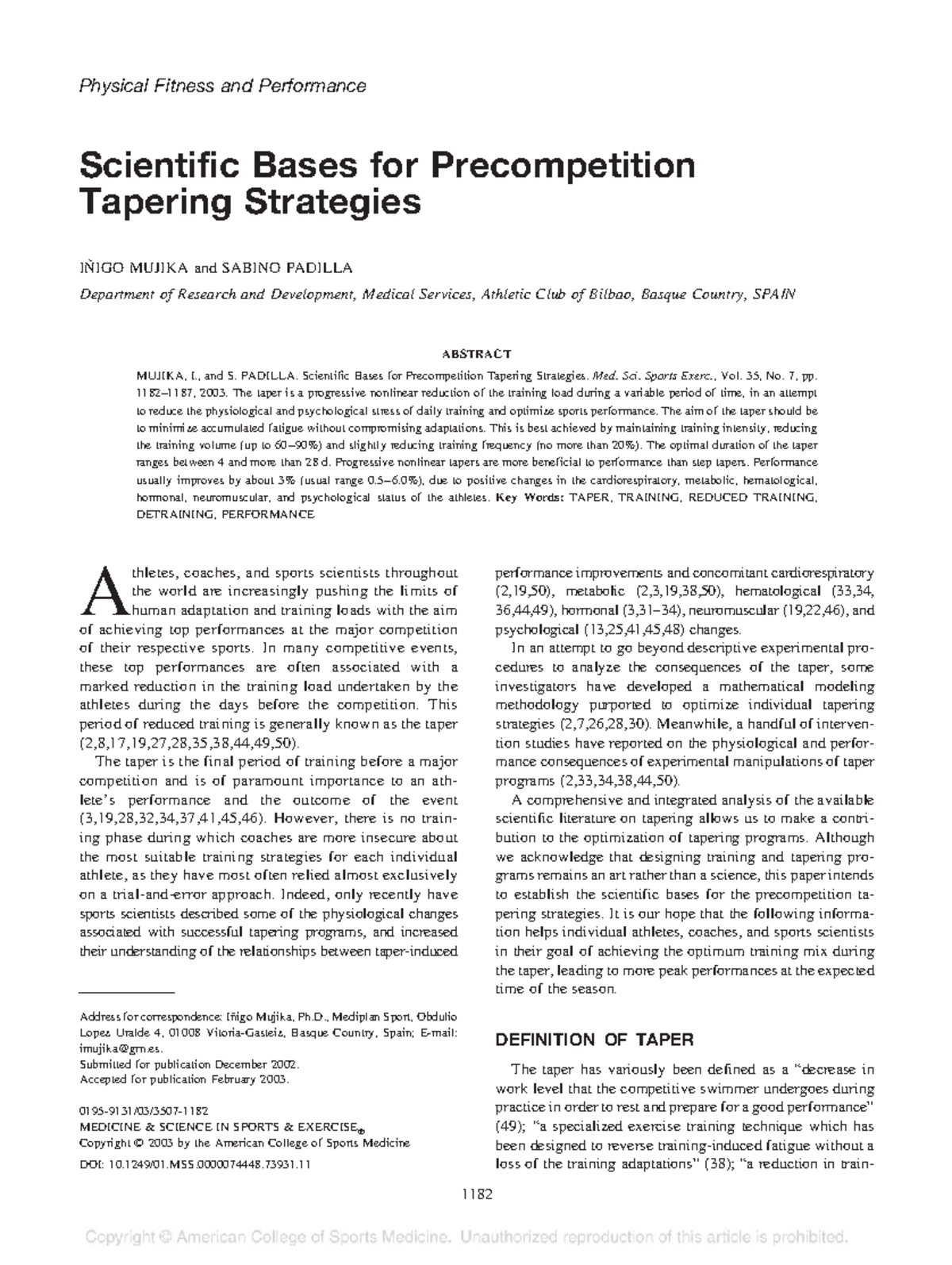 Scientific Bases for Pre-competition Tapering Strategies (Mujika ...