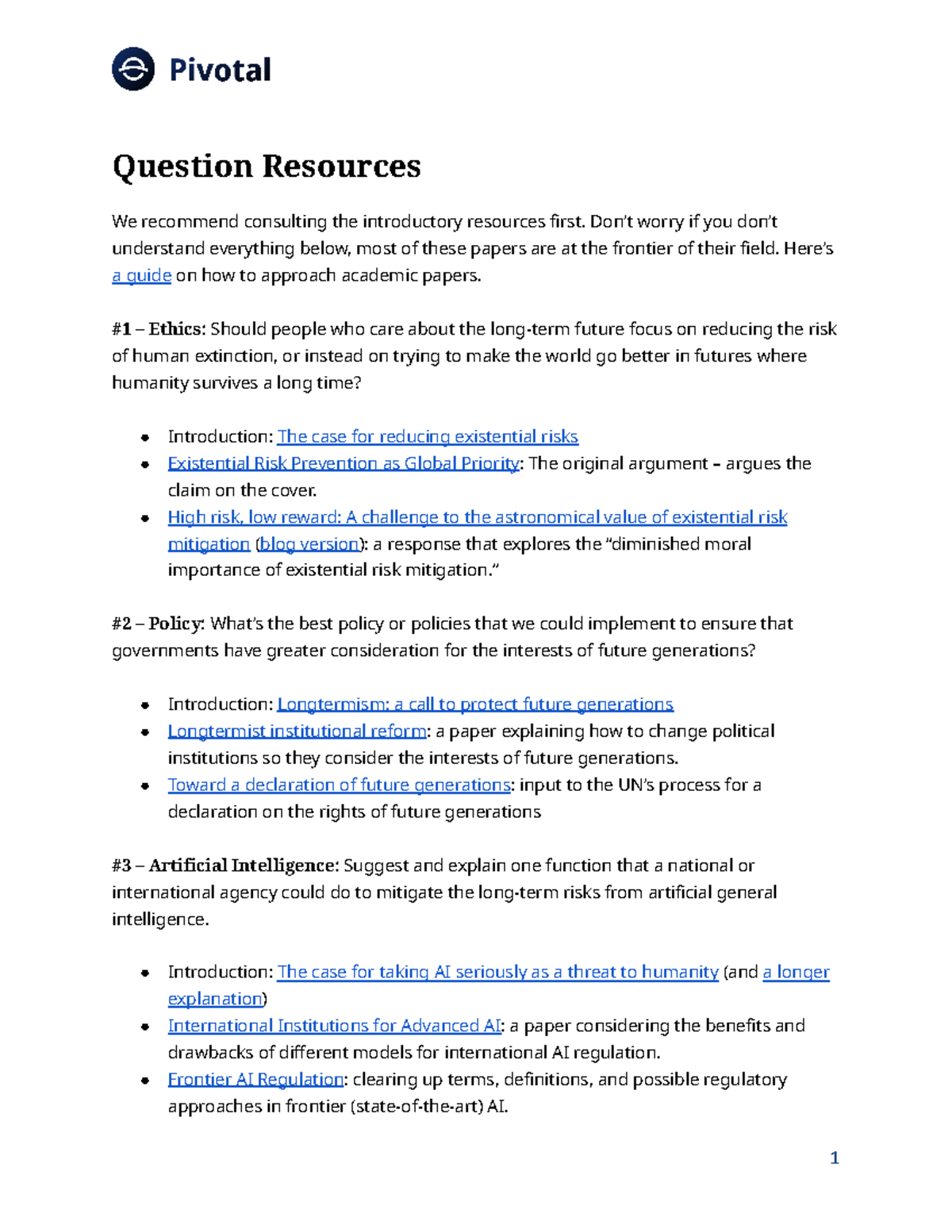 Pivotal question specific resources - Question Resources We recommend ...