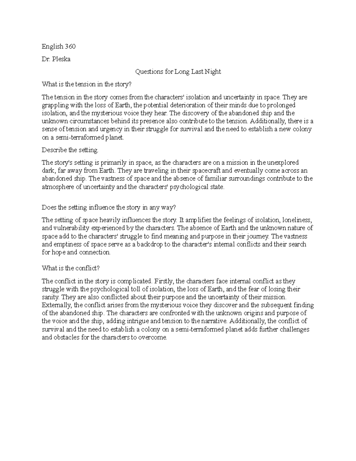 Questions for Long Last Night - English 360 Dr. Pleska Questions for ...