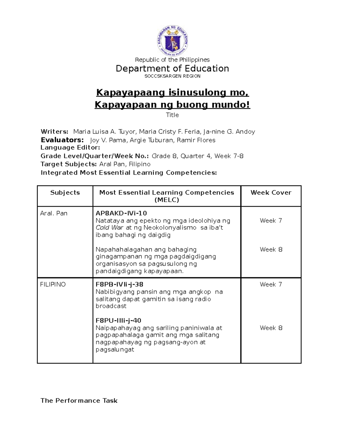 IPT- Grade 8 -Quarter-4-Week-7-8-Aral-Filipino - Department of ...