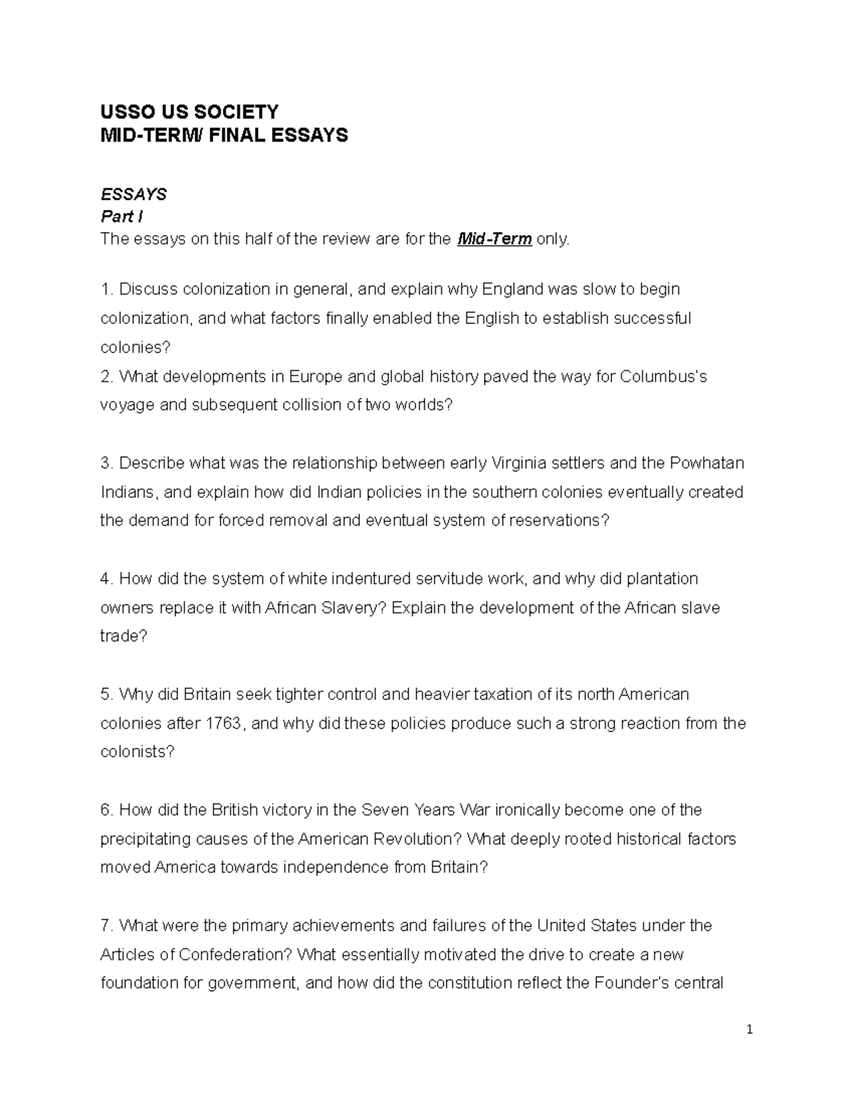 Ussoupdatedessays - essay review - USSO US SOCIETY MID-TERM/ FINAL ...