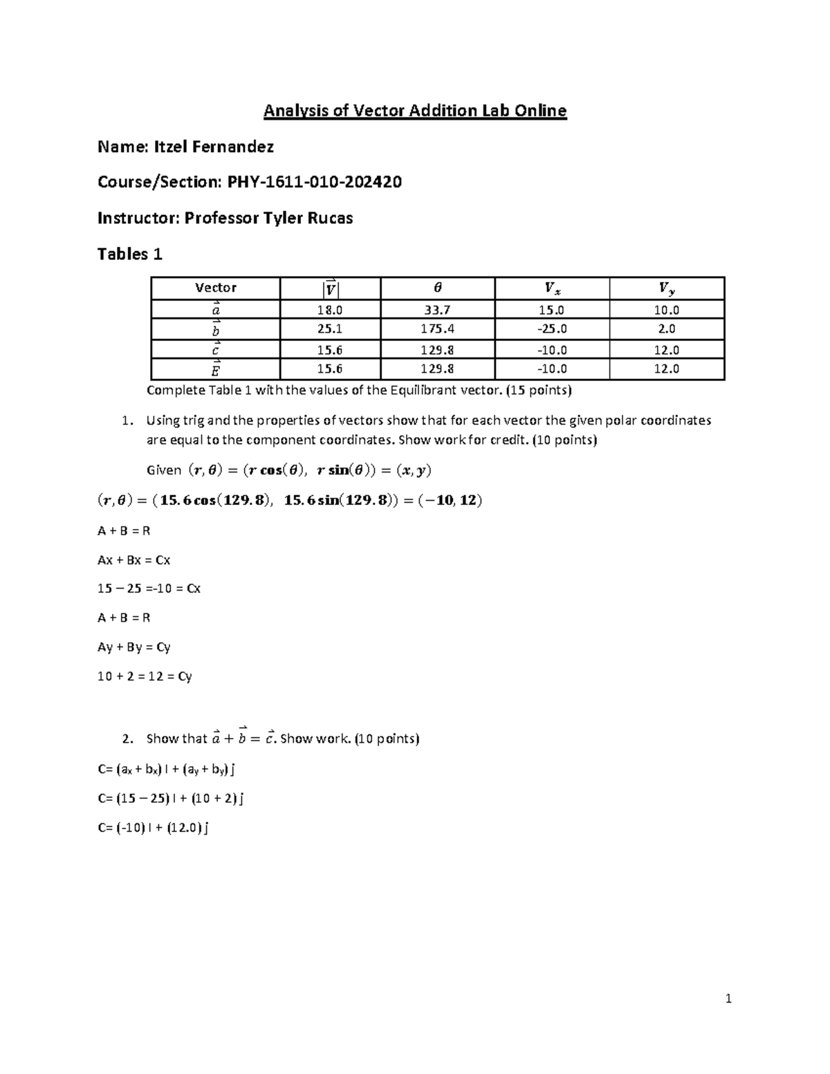 Itzel Fernendez Vector Addition Lab - 1 Analysis of Vector Addition Lab ...