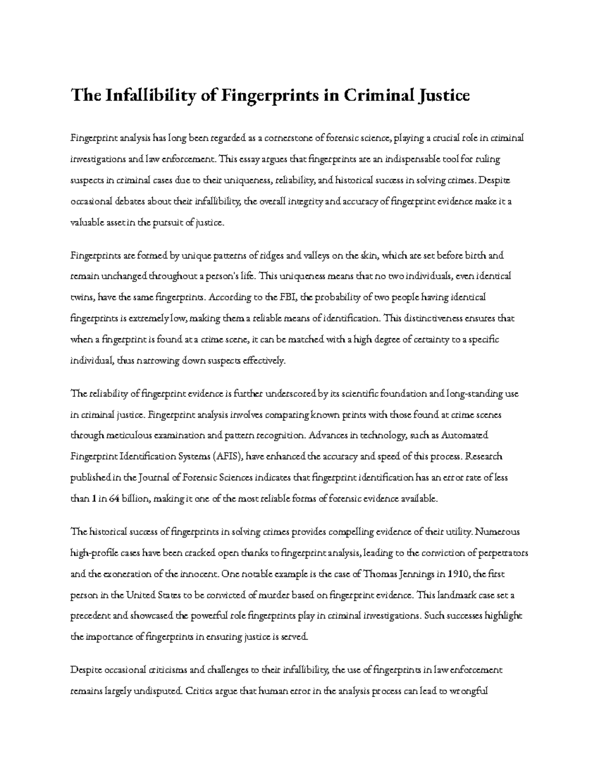Position Paper 1: Fingerprints - The Infallibility of Fingerprints in ...