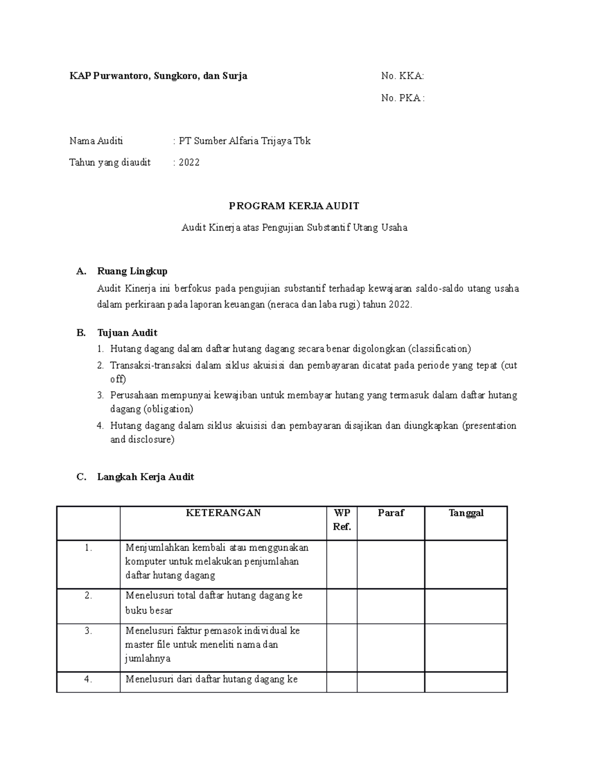 Program Kerja Audit - KAP Purwantoro, Sungkoro, dan Surja No. KKA: No ...