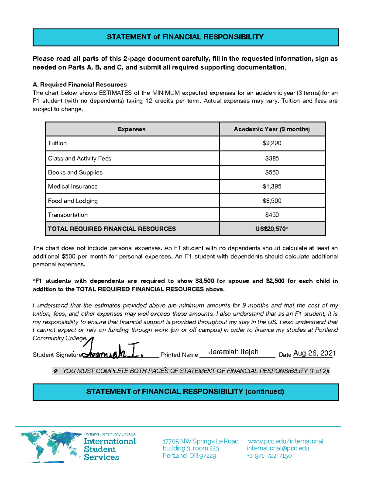Statement of financial responsibility - STATEMENT of FINANCIAL ...