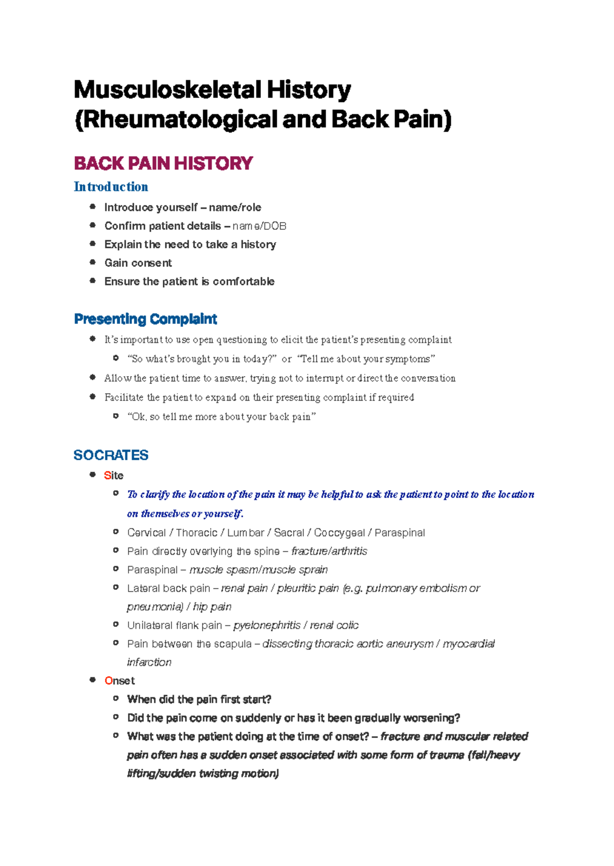 Musculoskeletal History (Rheumatological and Back Pain) - M u s c u l o ...