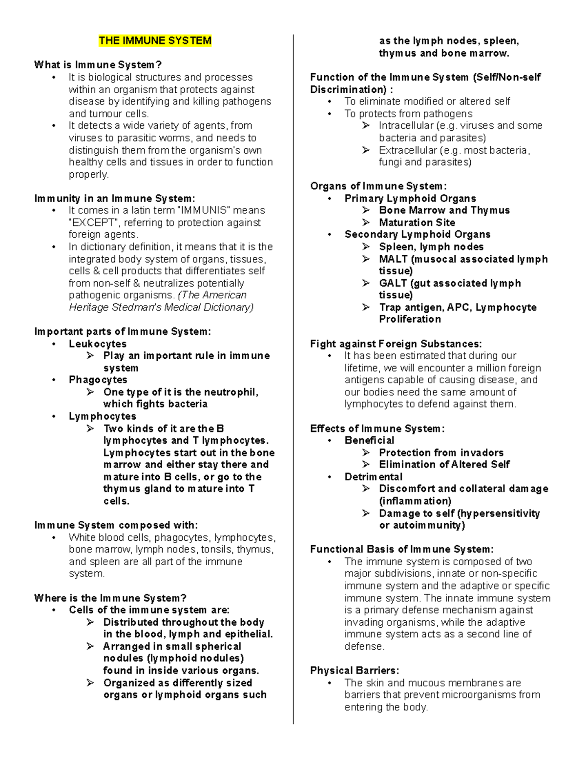 The Immune System - Notes - THE IMMUNE SYSTEM What is Immune System ...