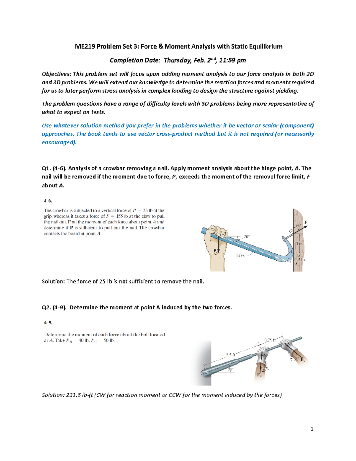 ME219 Problem Set 3 - MODS - ME219 Problem Set 3: Force & Moment Analysis with Static - Studocu