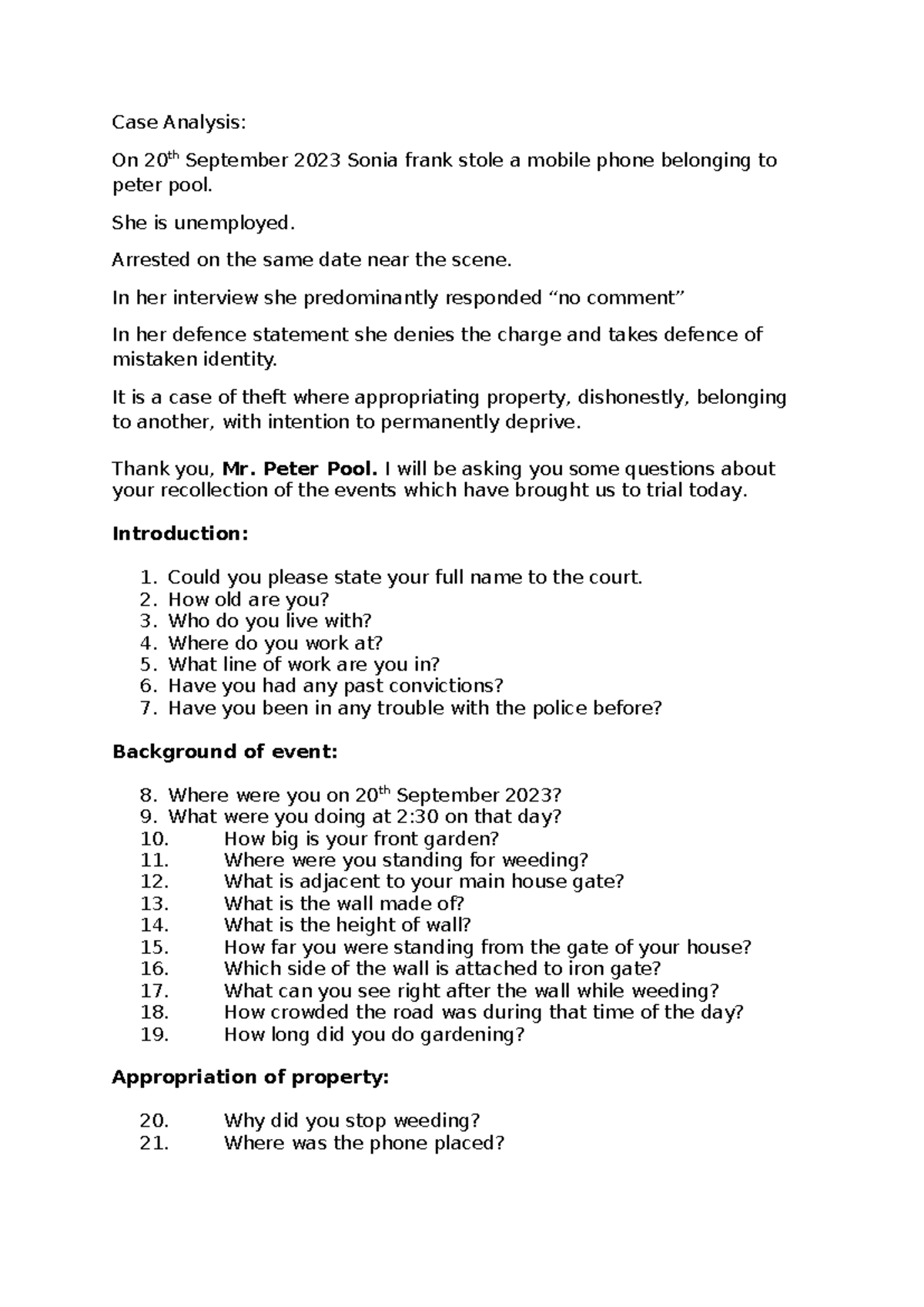 Doc5 2 - EIC - Case Analysis: On 20th September 2023 Sonia frank stole a mobile phone belonging ...