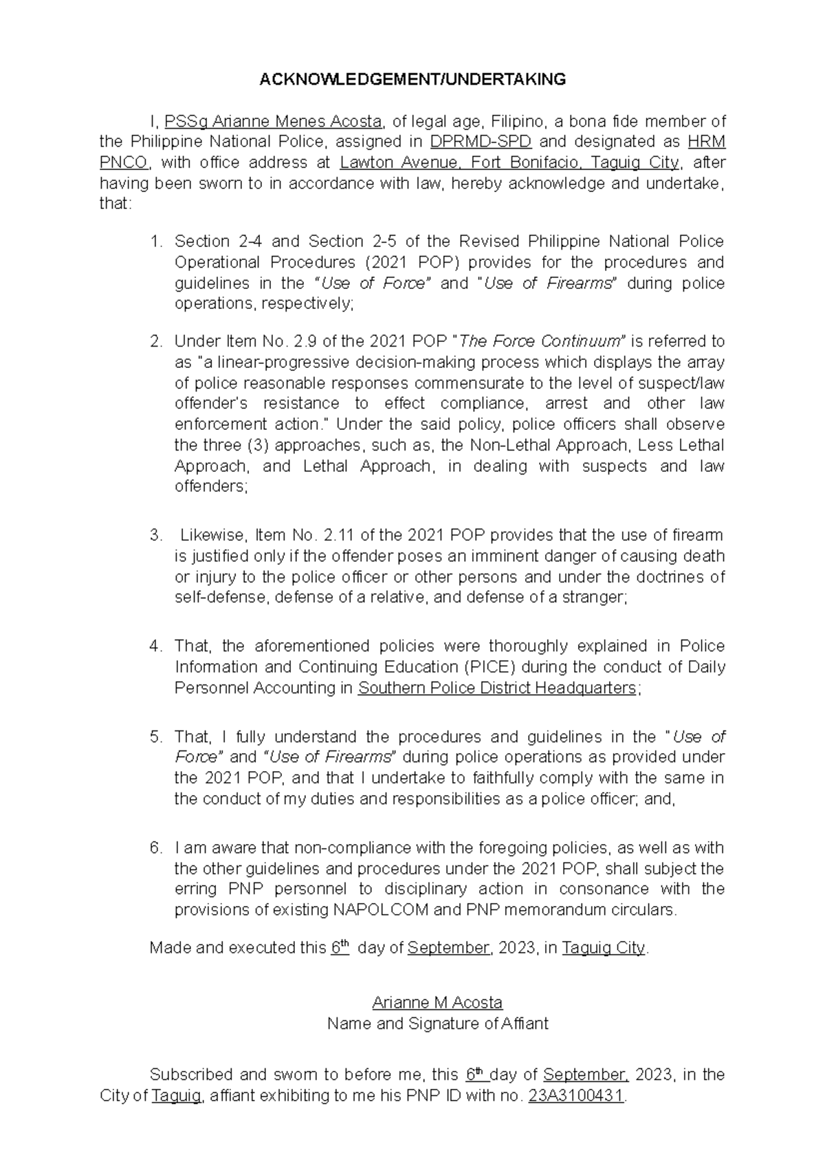 Force-Continuum-Undertaking - ACKNOWLEDGEMENT/UNDERTAKING I, PSSg ...