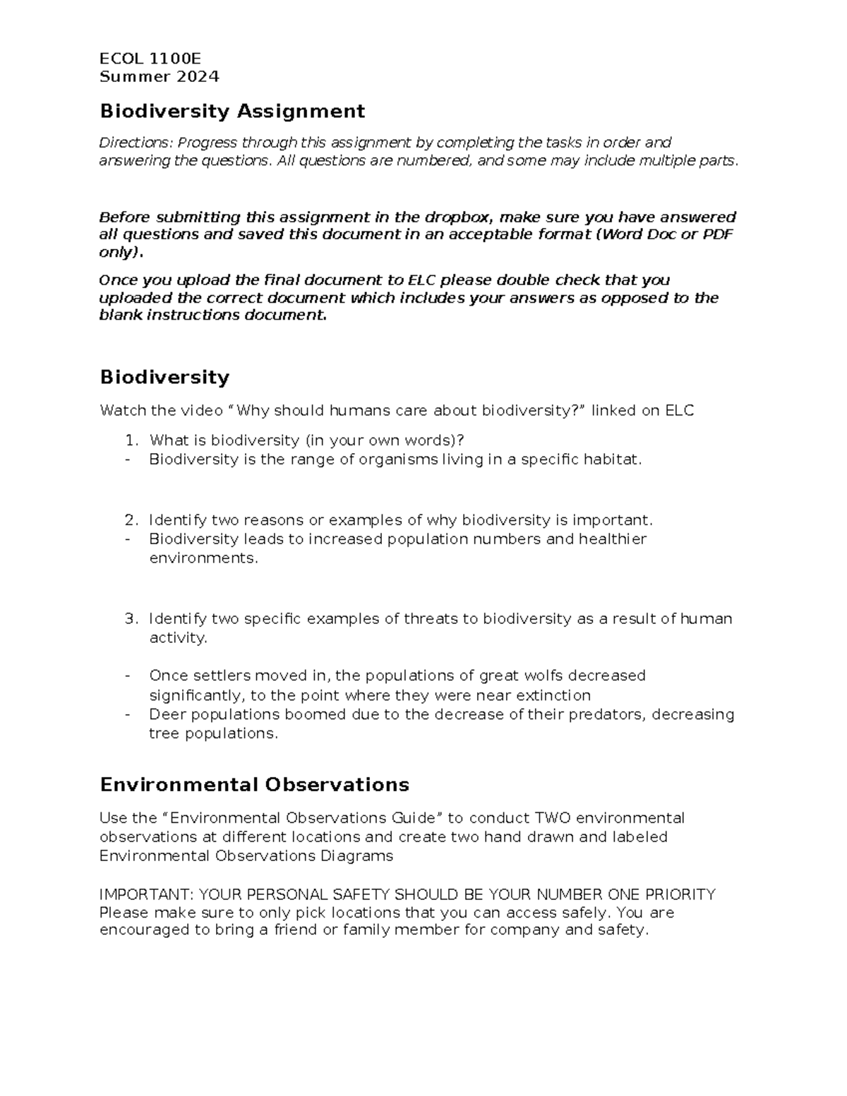 Biodiversity assignment - ecol1100e - Summer 2024 Biodiversity ...