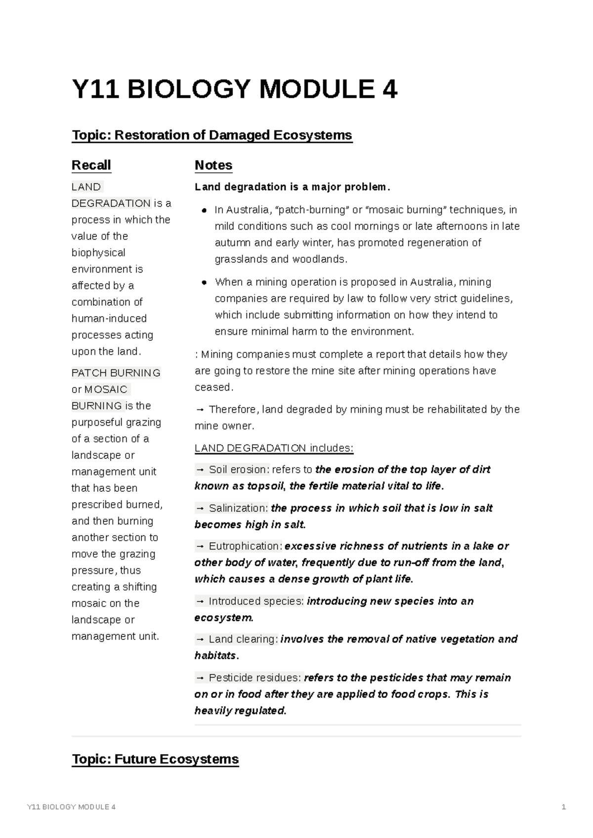 HSC Y11 Biology Module 4 - Y11 BIOLOGY MODULE 4 Topic: Restoration of Damaged Ecosystems Recall ...