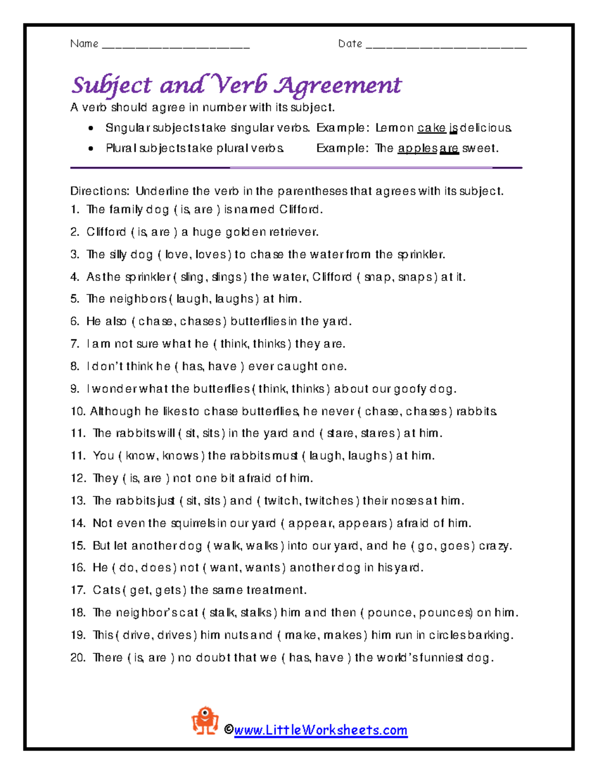 Subject - Verb Agreement Worksheet - Name ______________________ Date