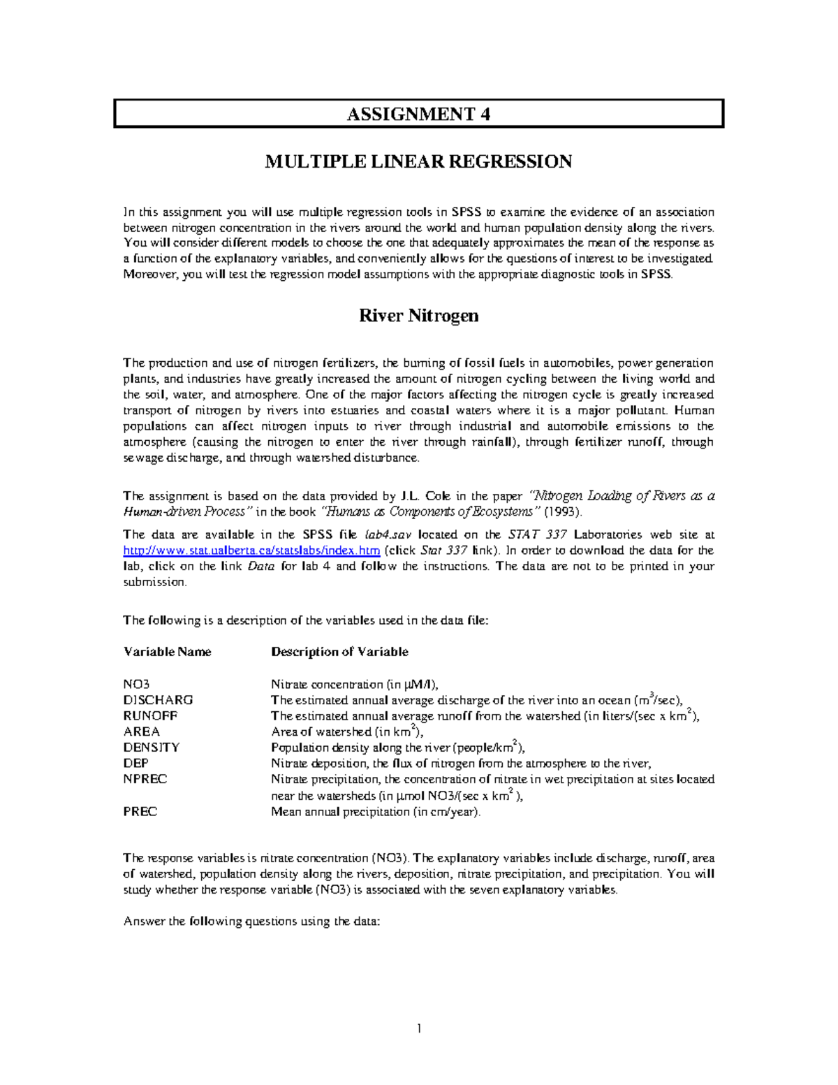 Asg4 - Stat 337 Lab Assignment Fall 2019 - ASSIGNMENT 4 MULTIPLE LINEAR REGRESSION In this - Studocu