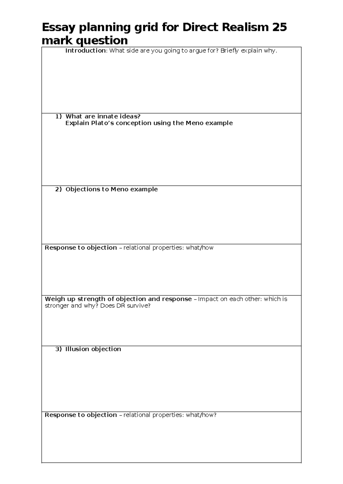 Direct Realism 25 mark essay grid - Essay planning grid for Direct ...