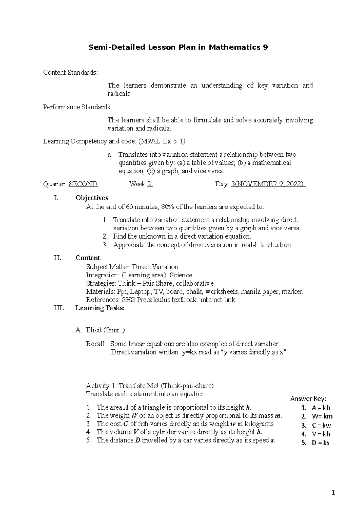 lesson plan in direct variation - Semi-Detailed Lesson Plan in ...