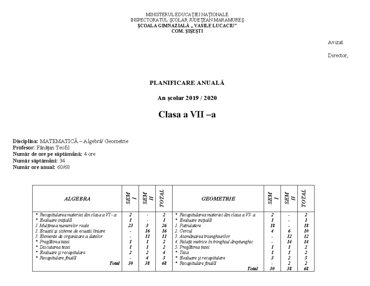 Planificare la clasa a viia 2019 2020 - MINISTERUL EDUCAŢIEI NA ȚIONALE INSPECTORATUL ŞCOLAR ...
