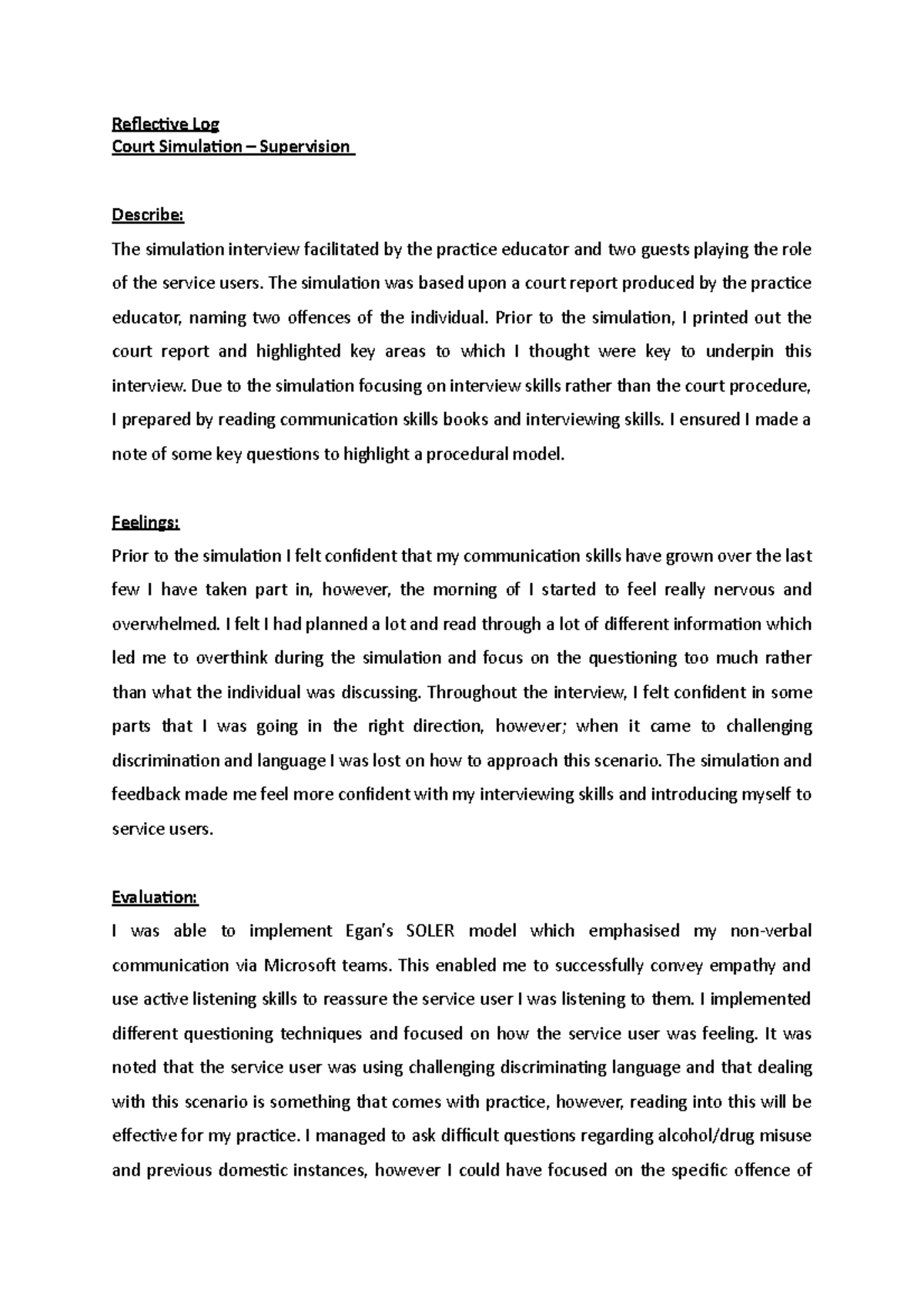 Reflective Log - 11th Feb - Reflective Log Court Simulation ...