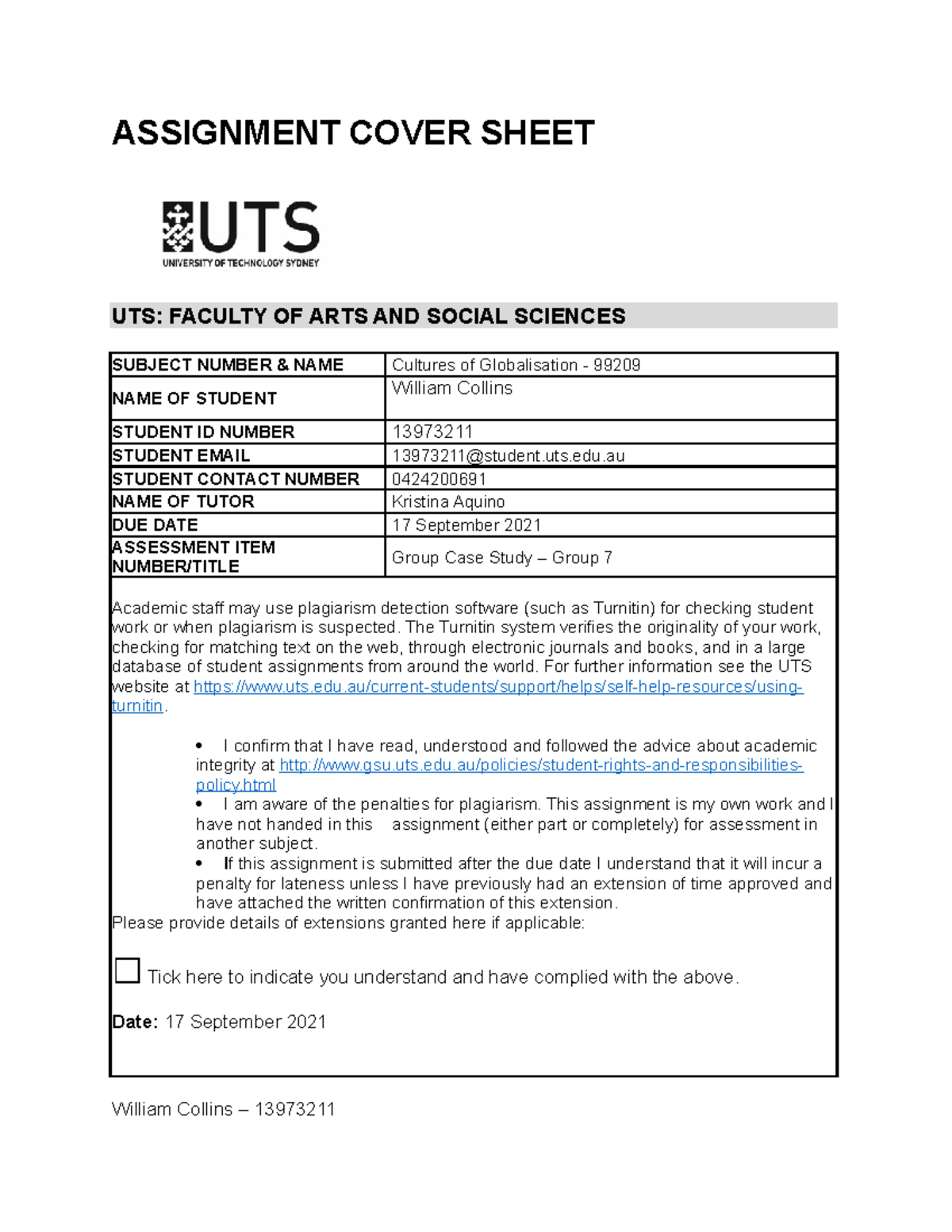 Group case study assessment 1 - ASSIGNMENT COVER SHEET UTS: FACULTY OF ...