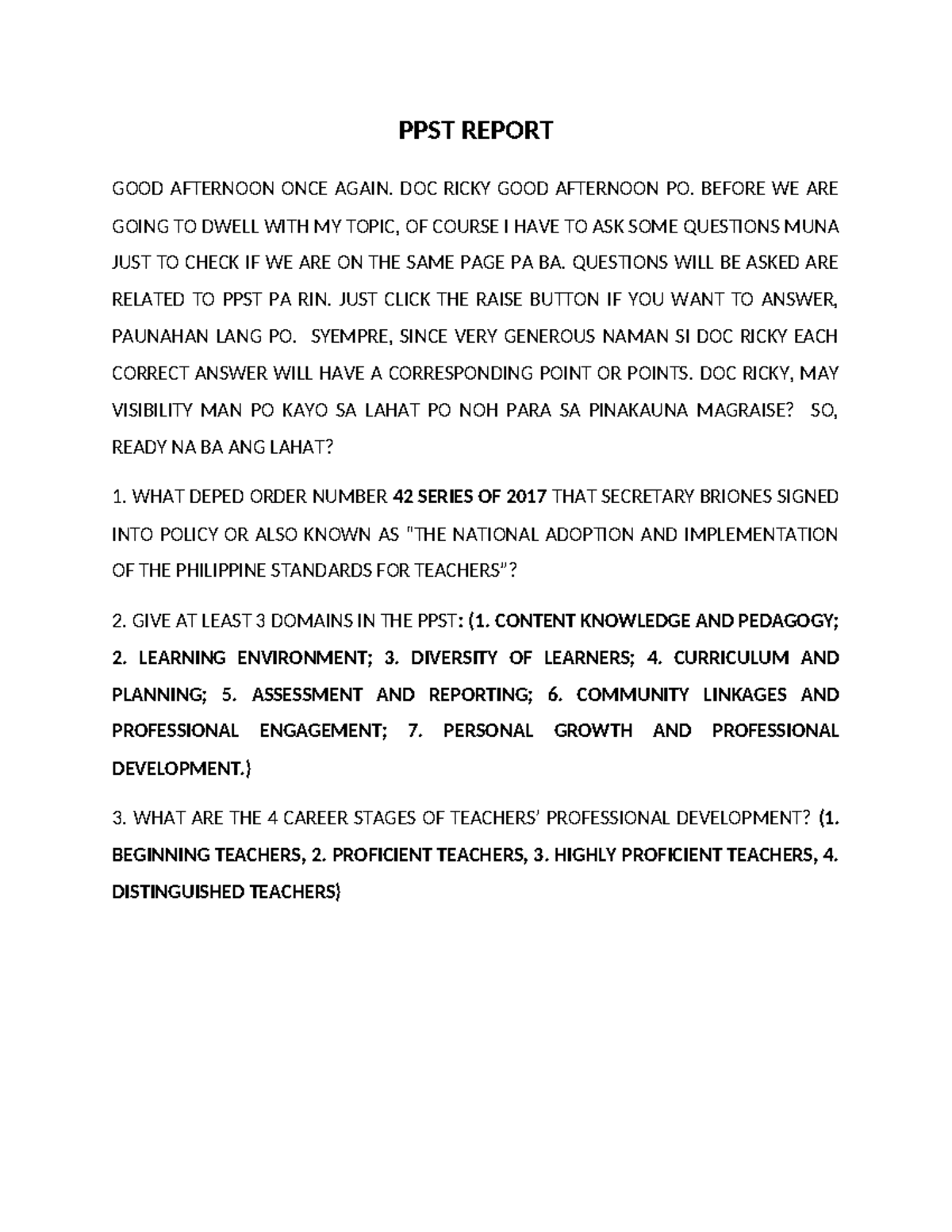 PPST Report Script - PPST - PPST REPORT GOOD AFTERNOON ONCE AGAIN. DOC ...